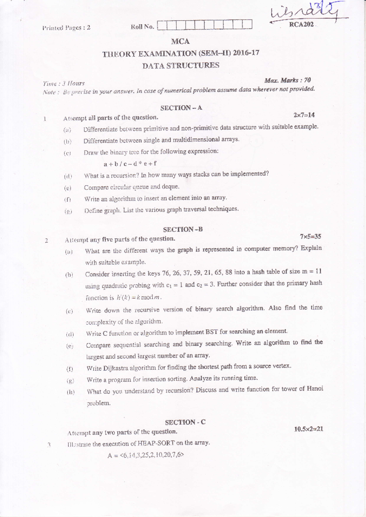 DATA Structure RCA-202 - l'rintttl I'tgcs : 2 Roll No. tJ"^AAq ffi MCA ...
