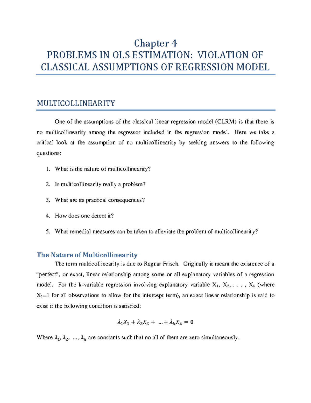 Problems IN OLS Estimation Violation OF Classical Assumptions OF Regression Model - Chapter 4 ...