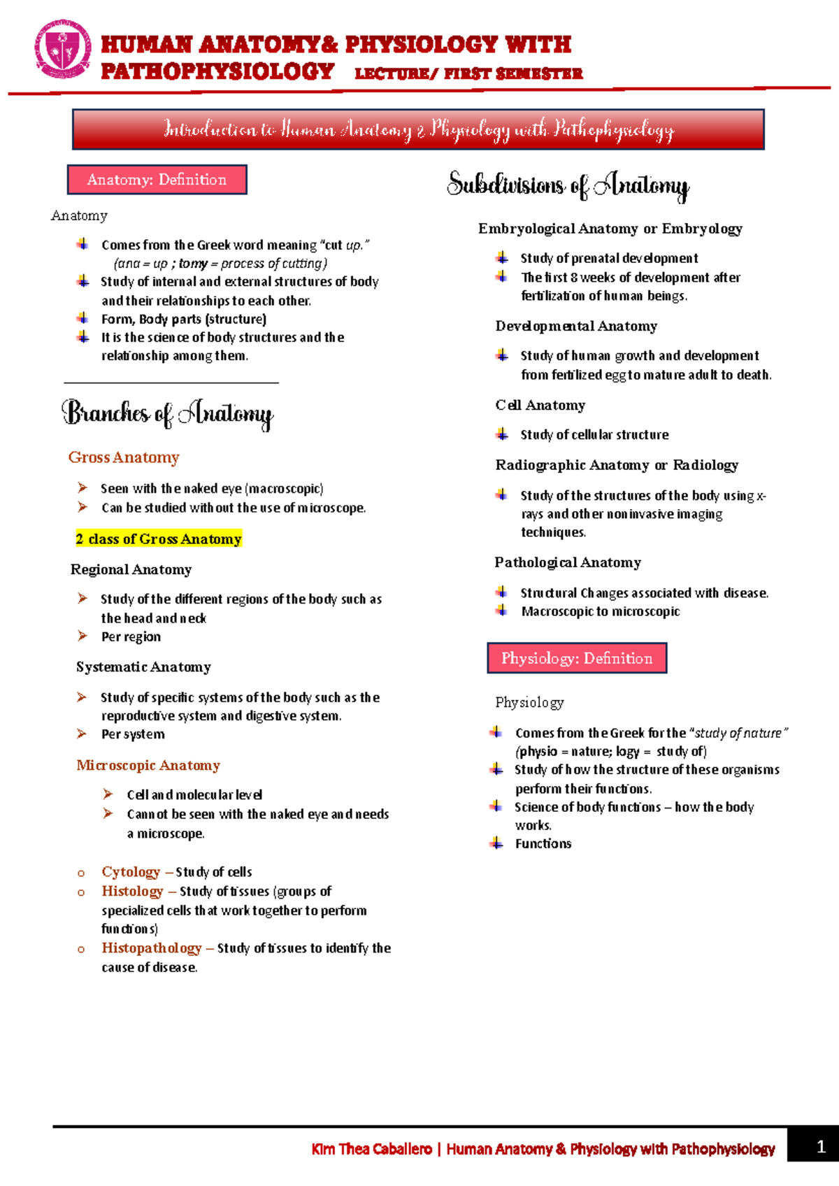 Anaphy Transes Prelims - PATHOPHYSIOLOGY LECTURE/ FIRST SEMESTER ...