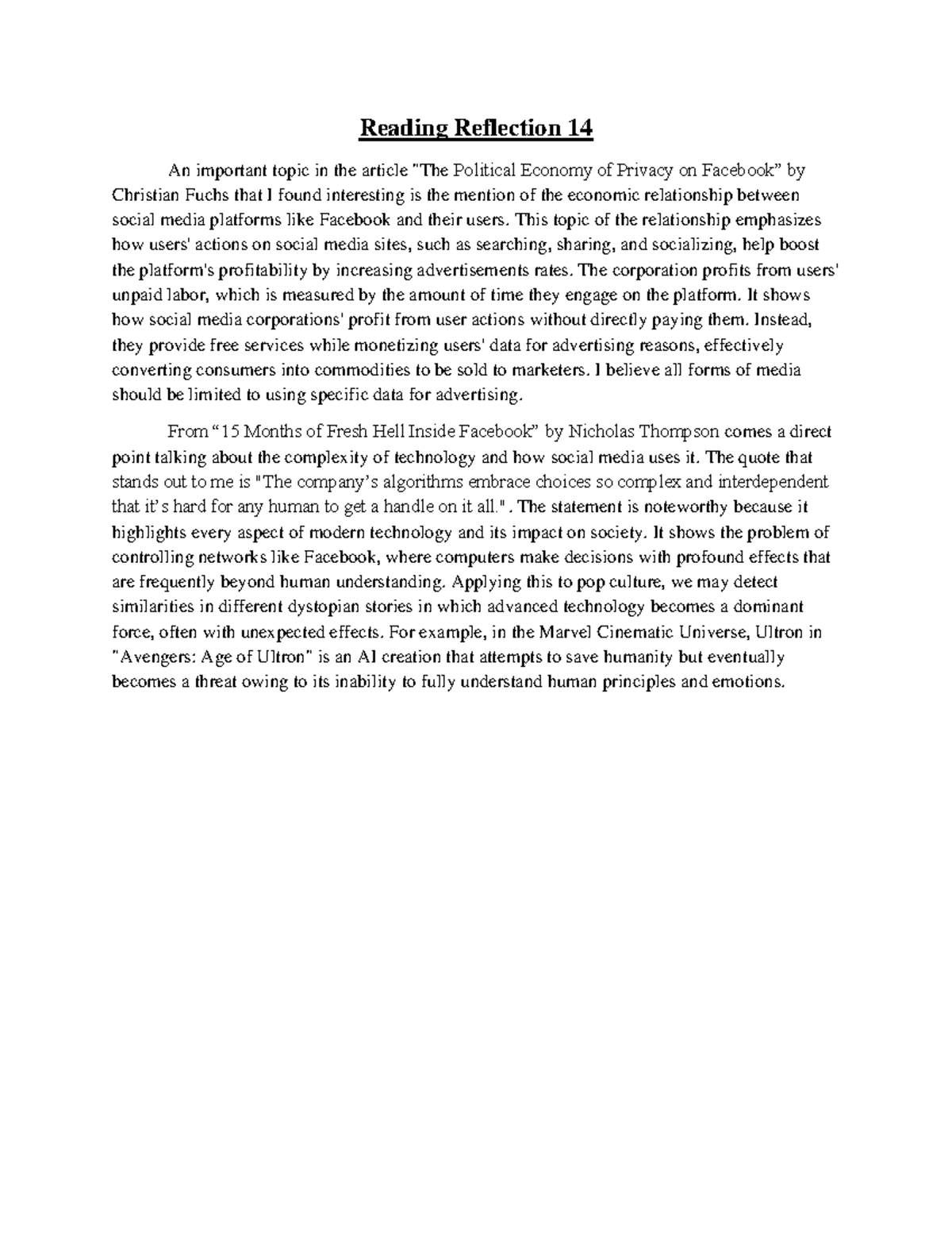 Reading Reflection 14 - n/a - Reading Reflection 14 An important topic ...