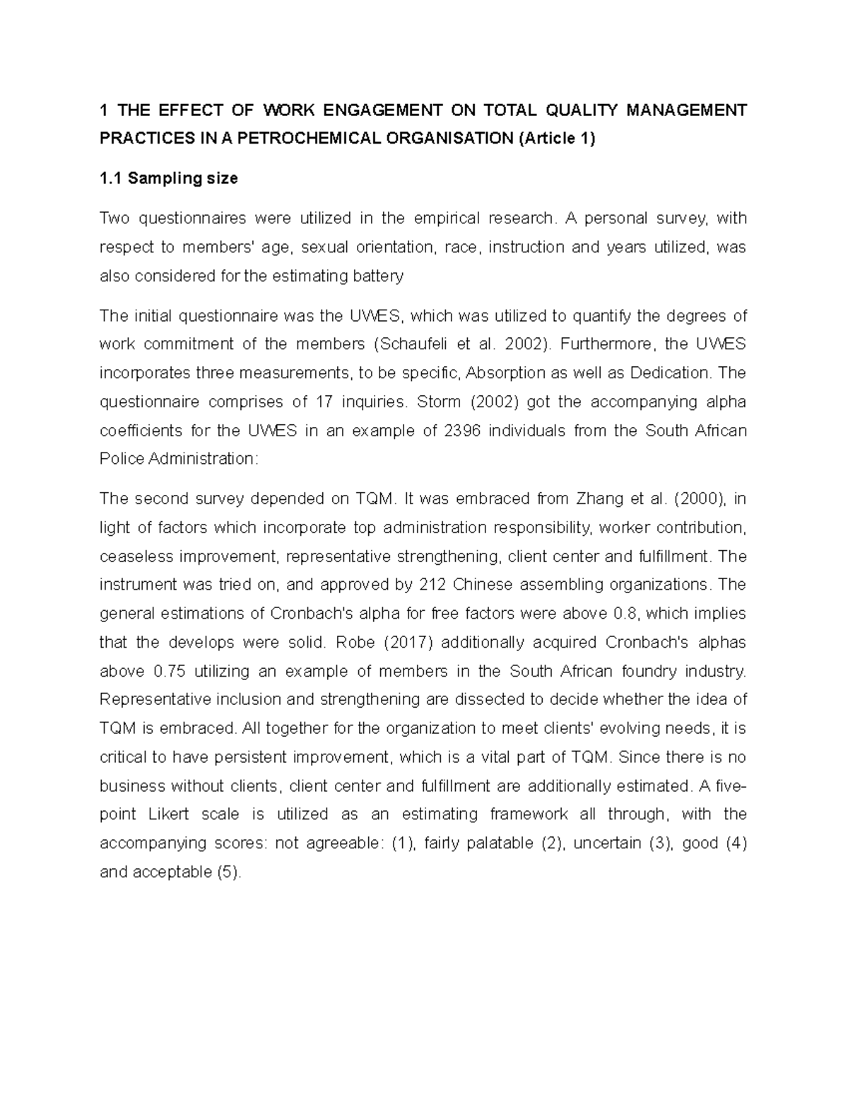 Yvonne Dube Sampling Size - 1 THE EFFECT OF WORK ENGAGEMENT ON TOTAL ...