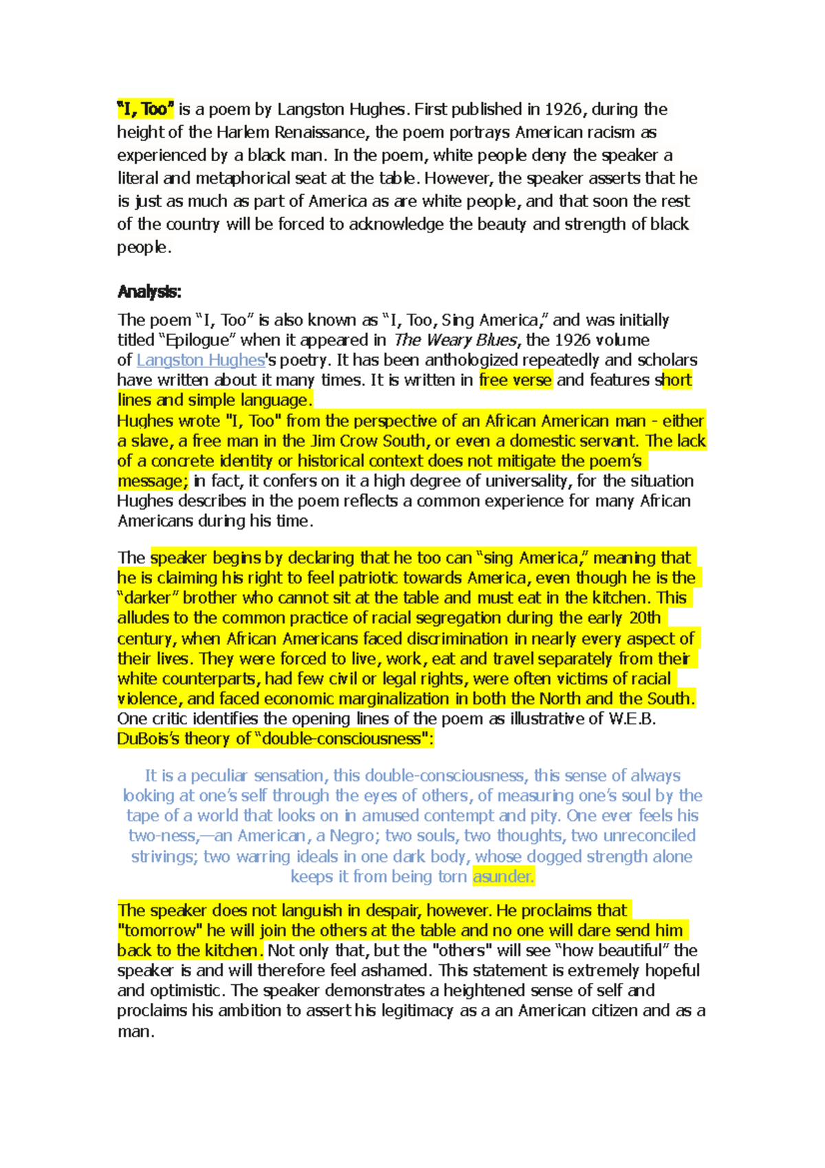 I, too analysis - ANALISIS , COMENTARIO DE TEXTO - “I, Too” is a poem ...