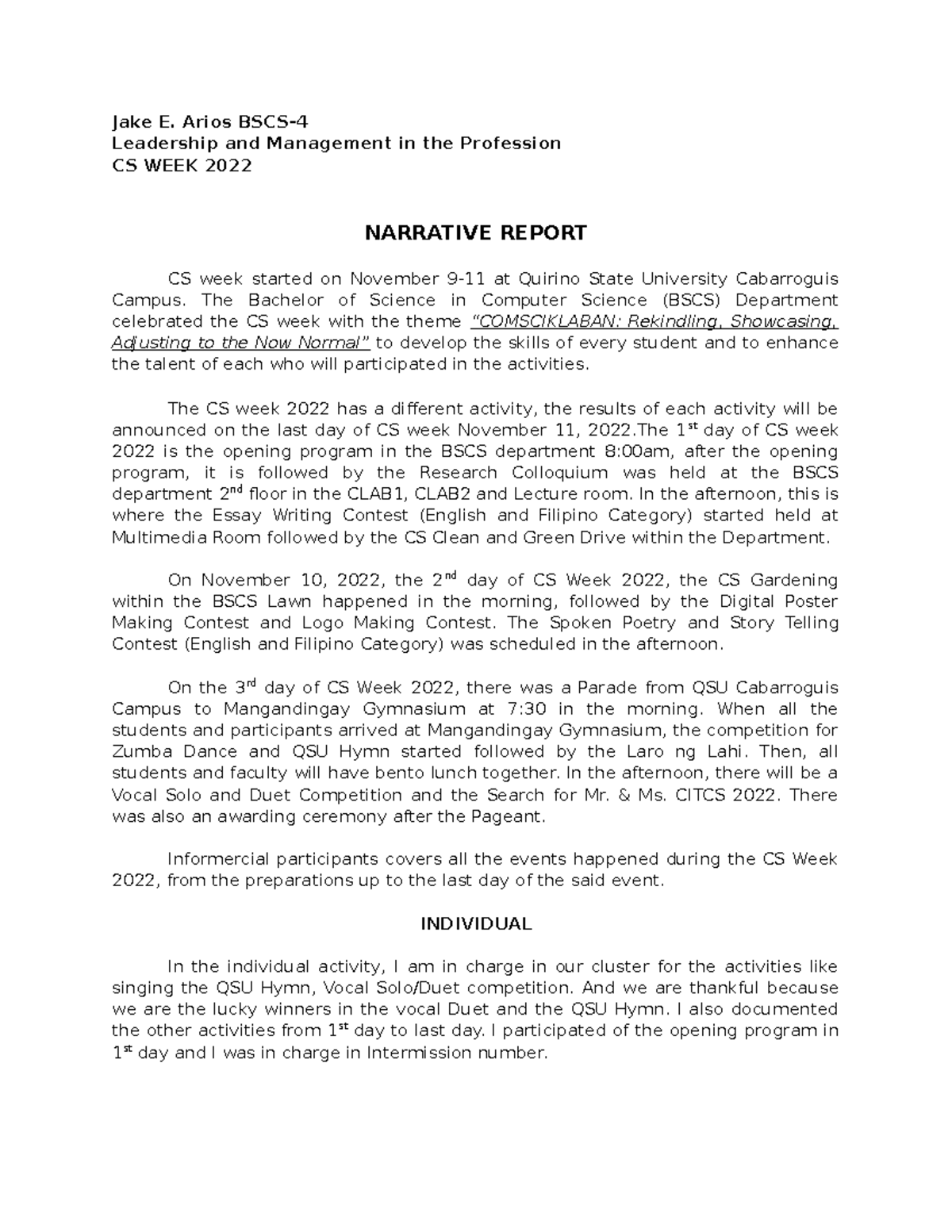 Arios Jake Narrative-Report-Leadership - Jake E. Arios BSCS- Leadership and Management in the ...