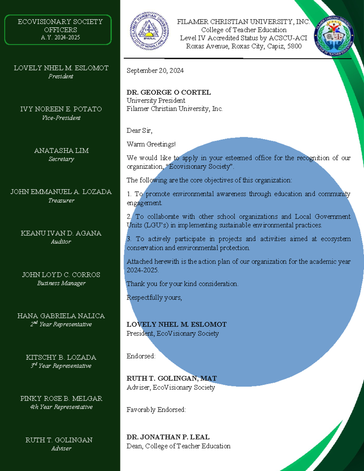 Application Letter- Ecovisionary Society - FILAMER CHRISTIAN UNIVERSITY ...