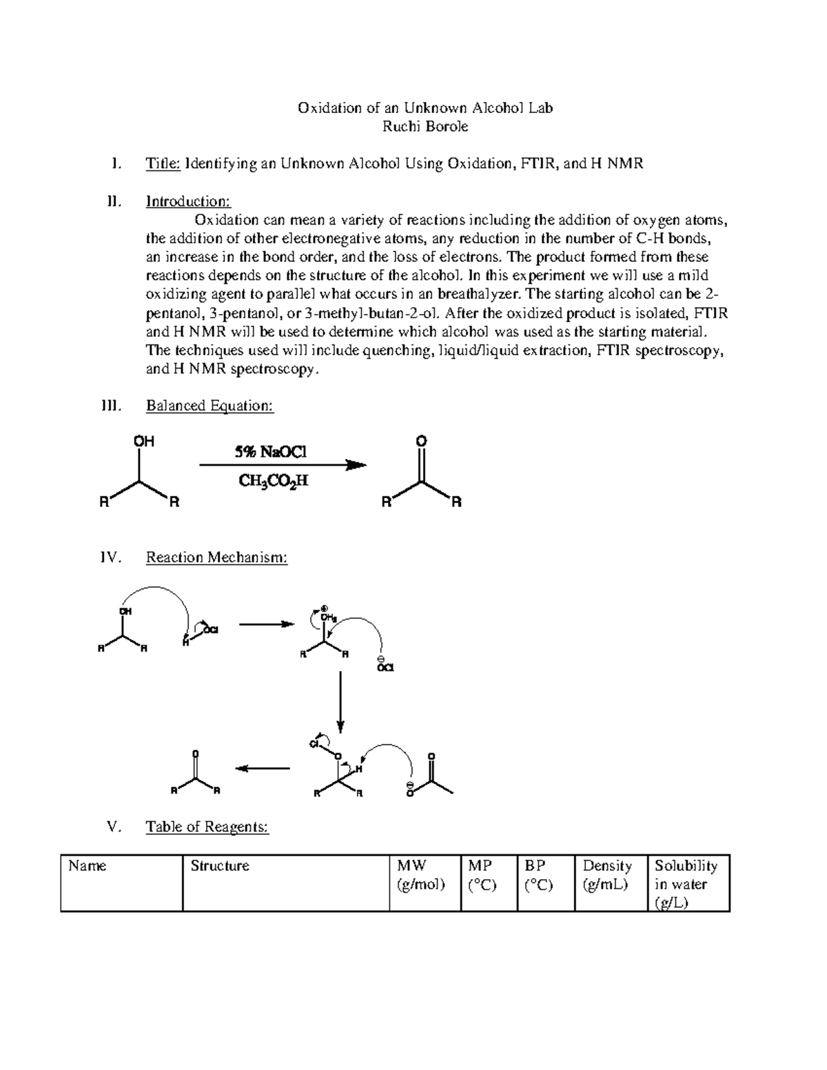 Oxidation of an Unknown Alcohol Pre Lab and Post Lab - Oxidation of an ...