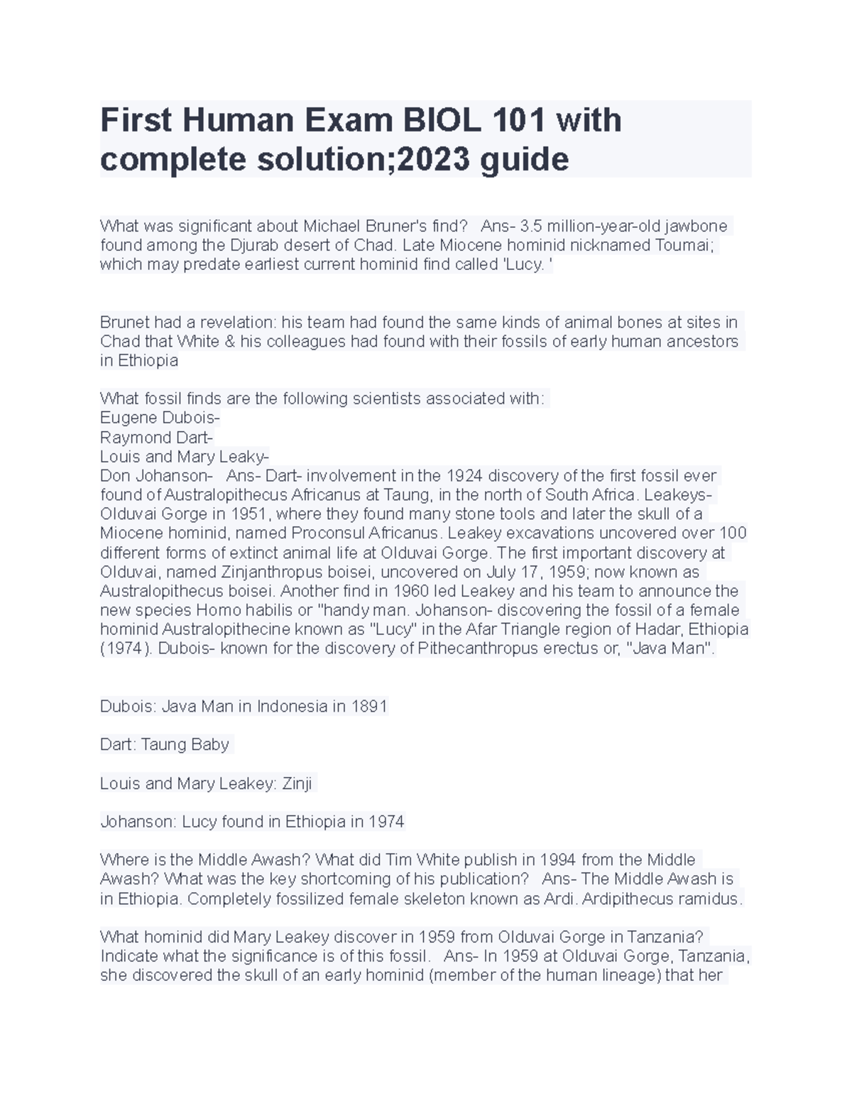 First Human Exam BIOL 101 with complete solution - Late Miocene hominid ...