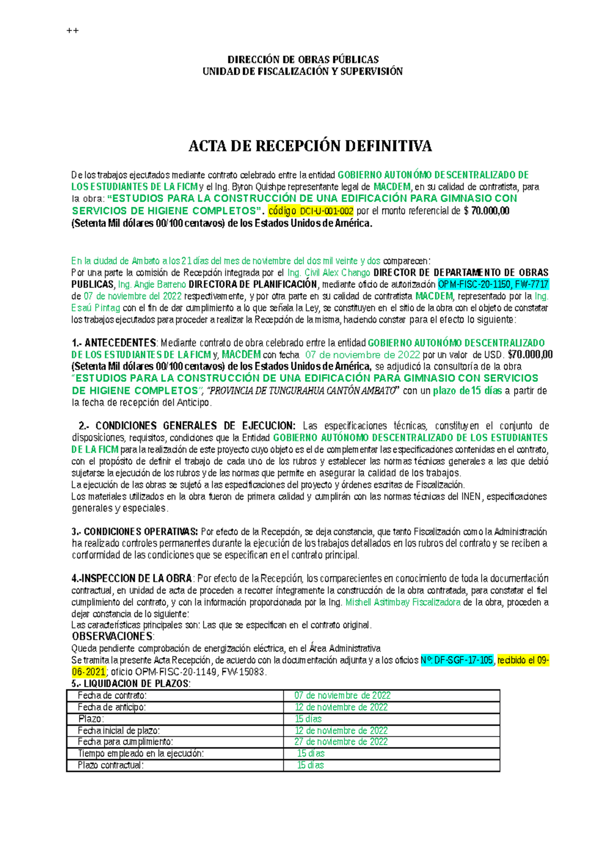 ACTA DE Recepción Definitiva - ++ ACTA DE RECEPCIÓN DEFINITIVA De los ...