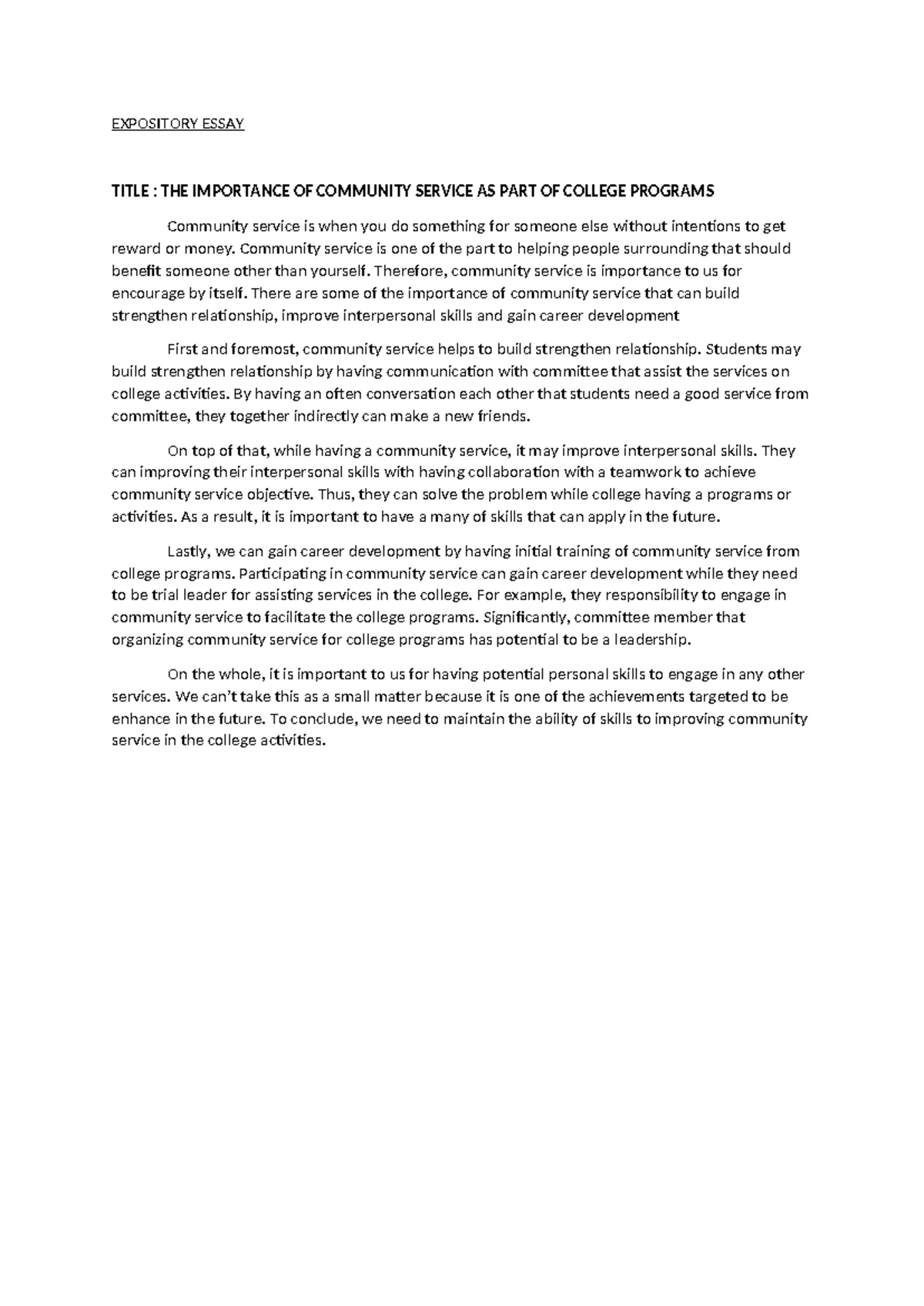 Expository Essay - EXERCISE - EXPOSITORY ESSAY TITLE : THE IMPORTANCE ...