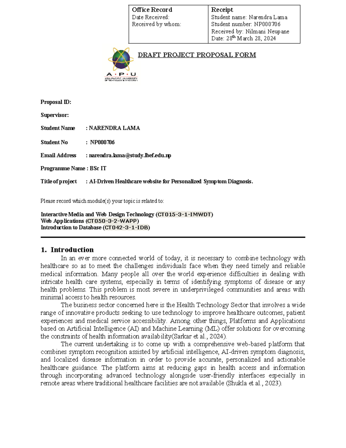 Ppf ir - asnas - Proposal ID: Supervisor: Student Name : NARENDRA LAMA ...