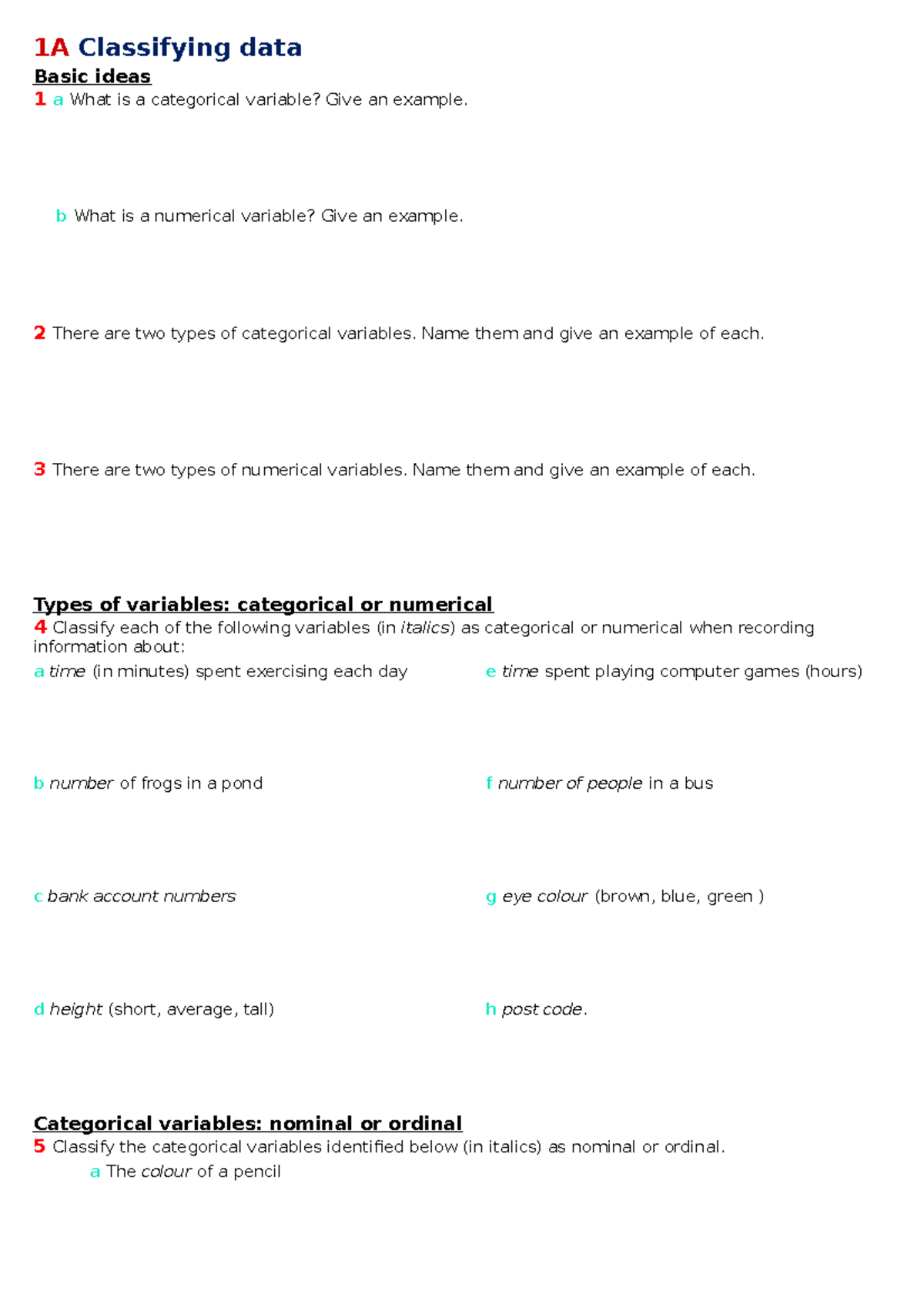 1A Classifying data - fdsaasdfa - 1A Classifying data Basic ideas 1 a ...
