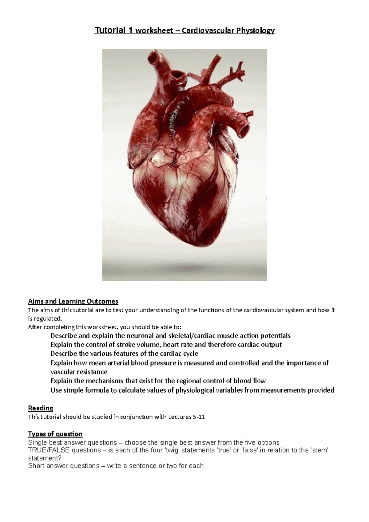 first cardiovascular tutorial - Tutorial 1 worksheet – Cardiovascular ...