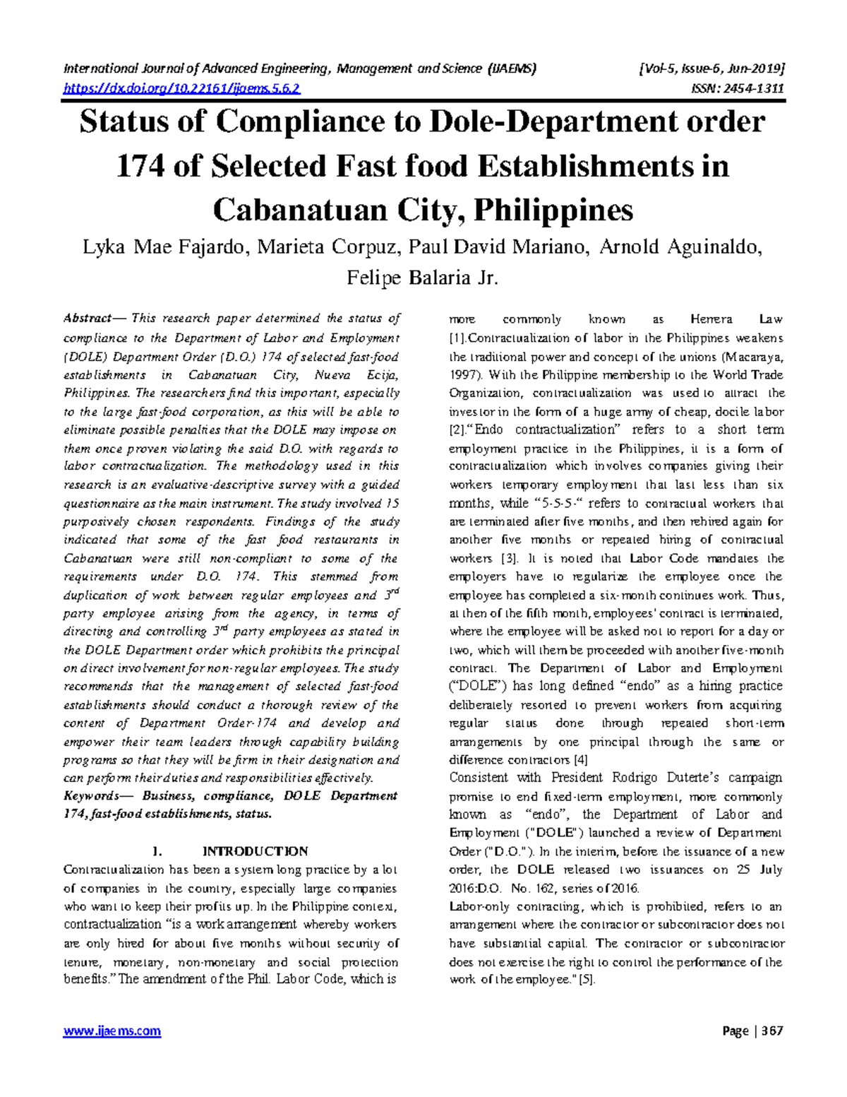 Status of Compliance to Dole-Department order 174 of Selected Fast food ...