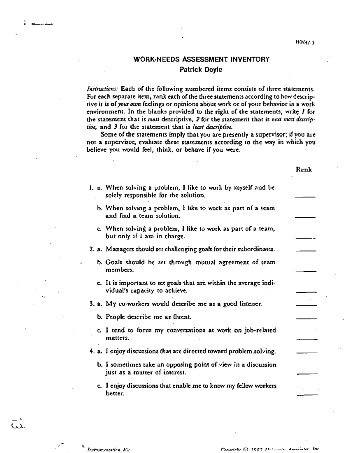 Motivation Work-needs Assessment - · .- WNAl- WORK-NEEDS ASSESSMENT ...