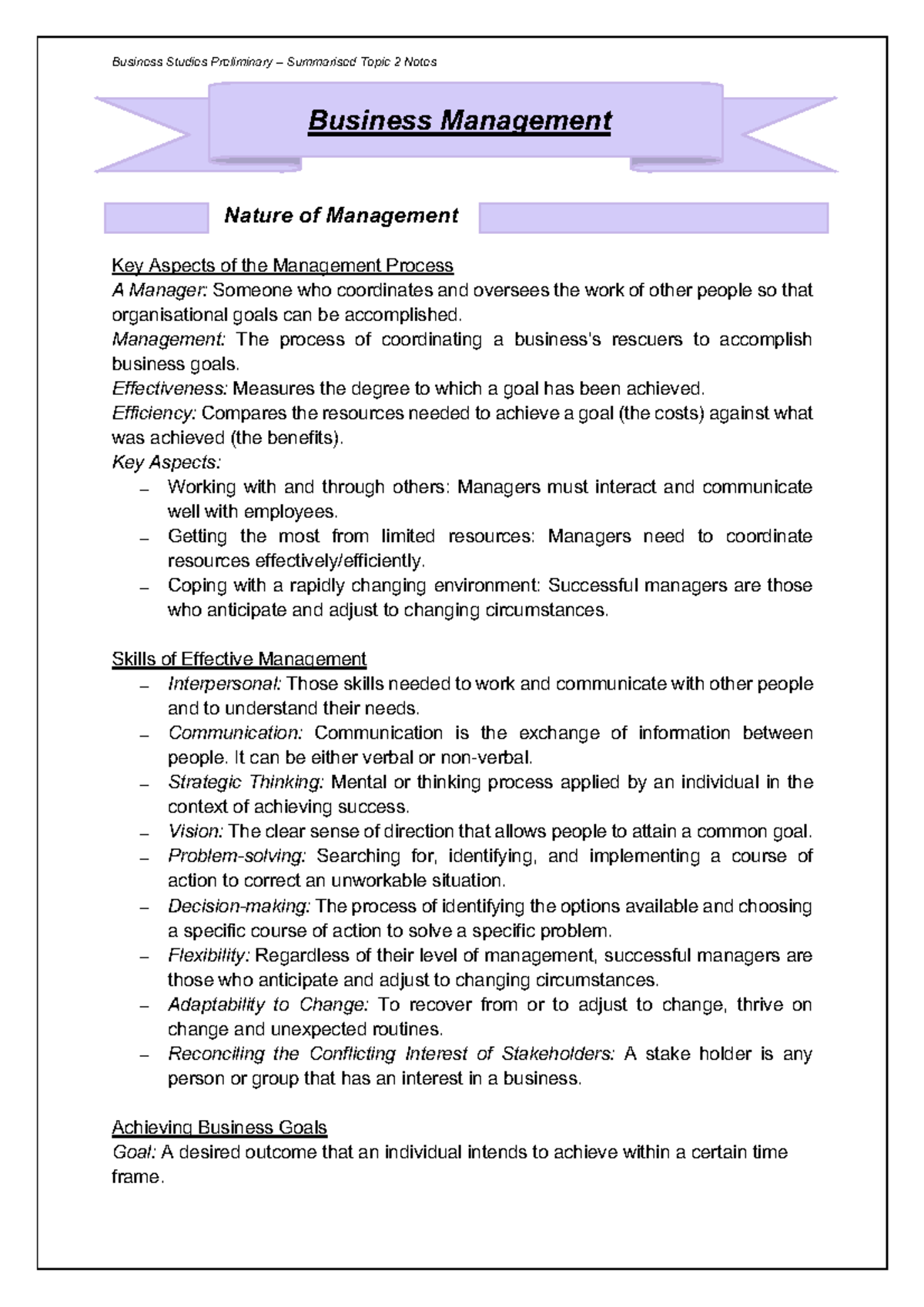 Topic 3 - Business Managment pdf version - Nature of Management Key ...