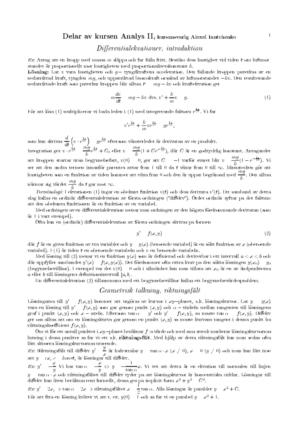 Differentialekvationer del1 - Delar av kursen Analys II, kursansvarig ...