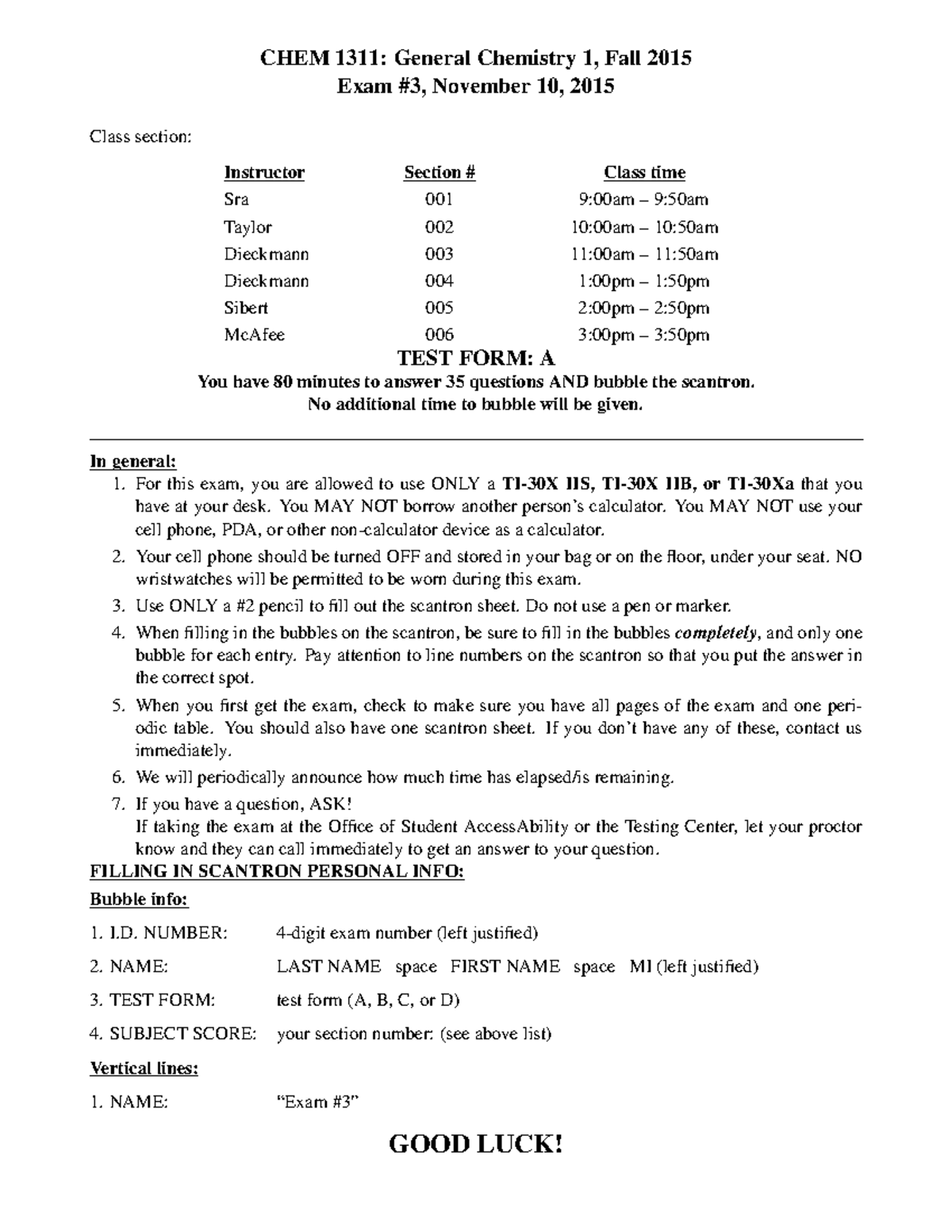 F15 Blank Exam3 v A - CHEM 1311: General Chemistry 1, Fall 2015 Exam #3 ...