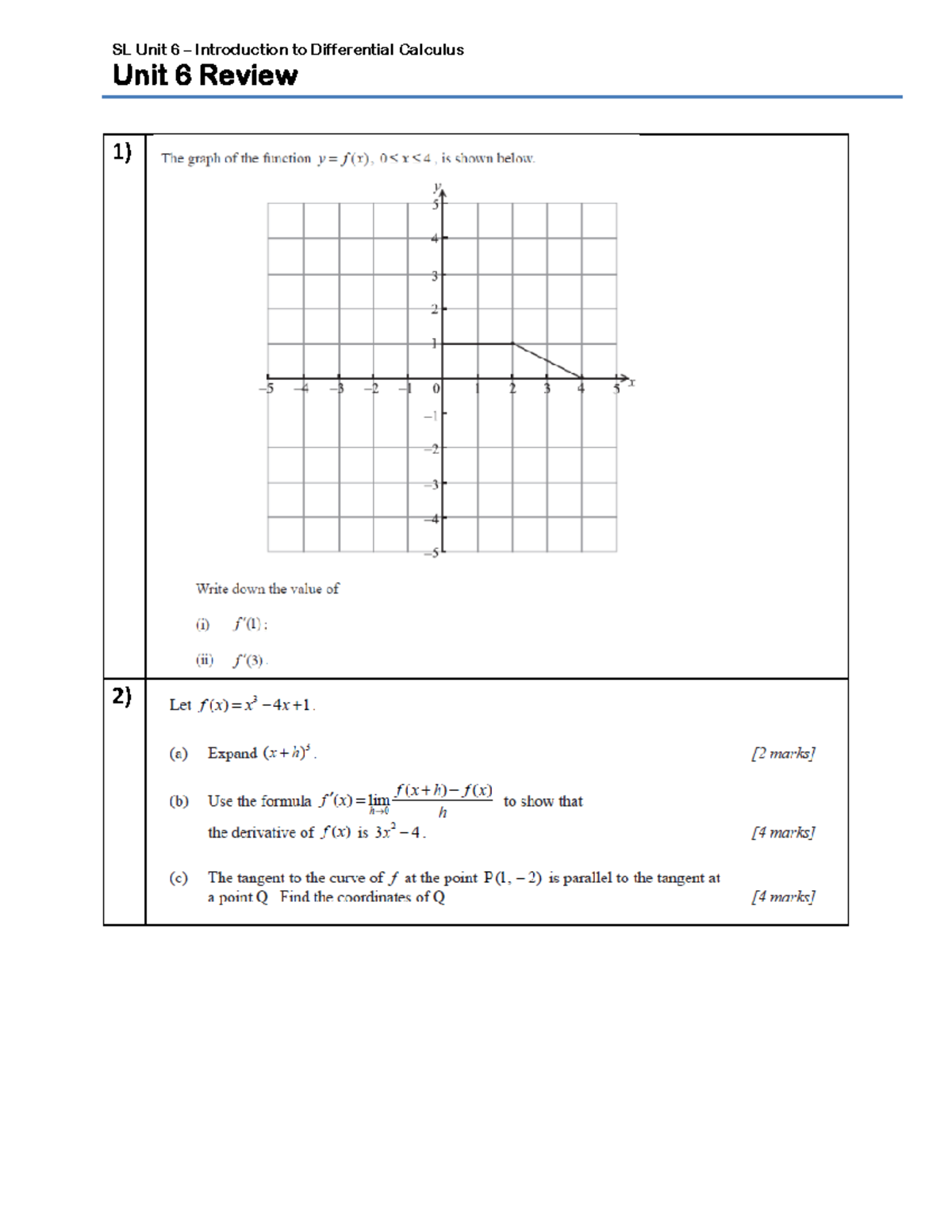 6.10 Review - unfilled yet extremely helpful - Unit 6 Review 1) Unit 6 Review 3 ) 4) 5) Let f (x ...