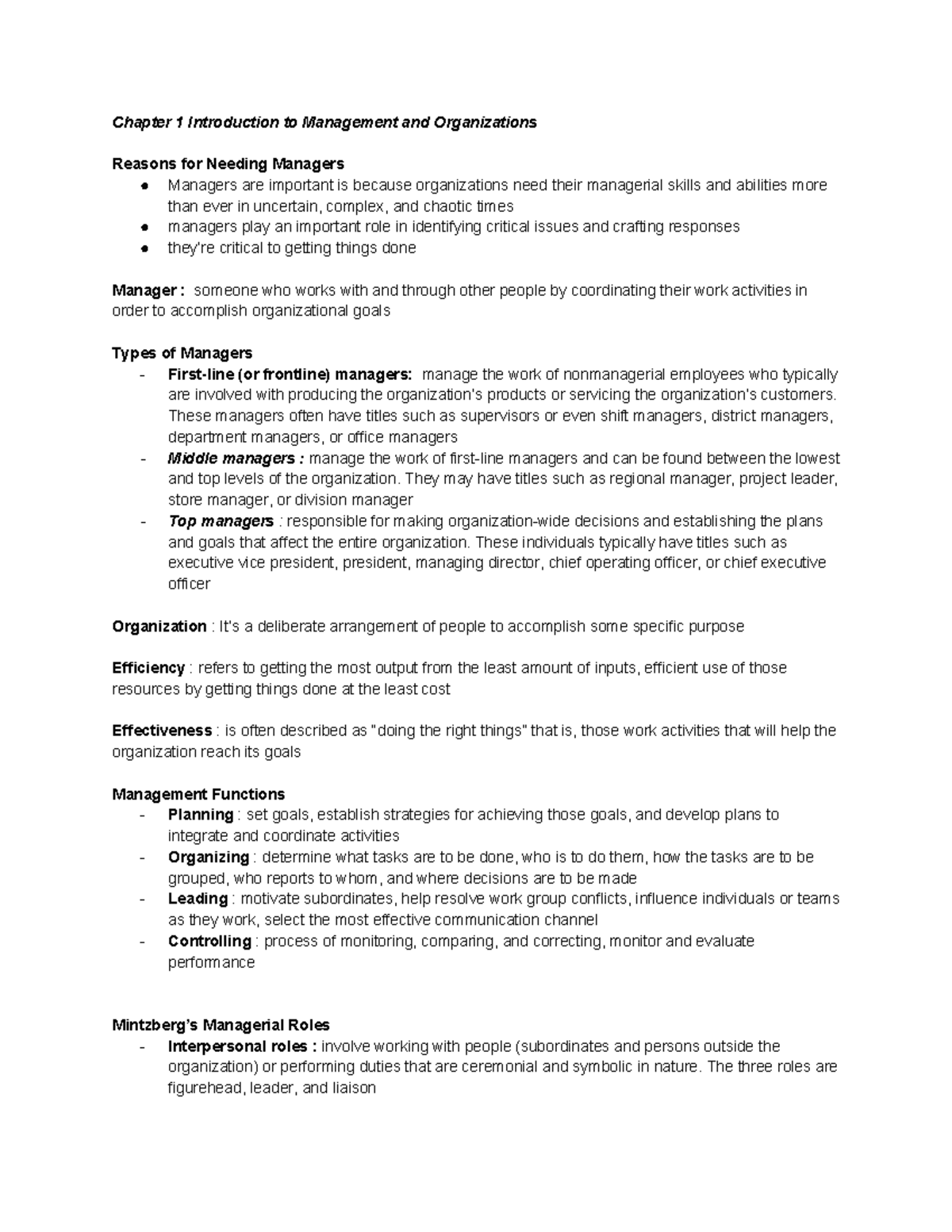 ADM 1100 Intro to Buisness Management Course Review - Chapter 1 ...