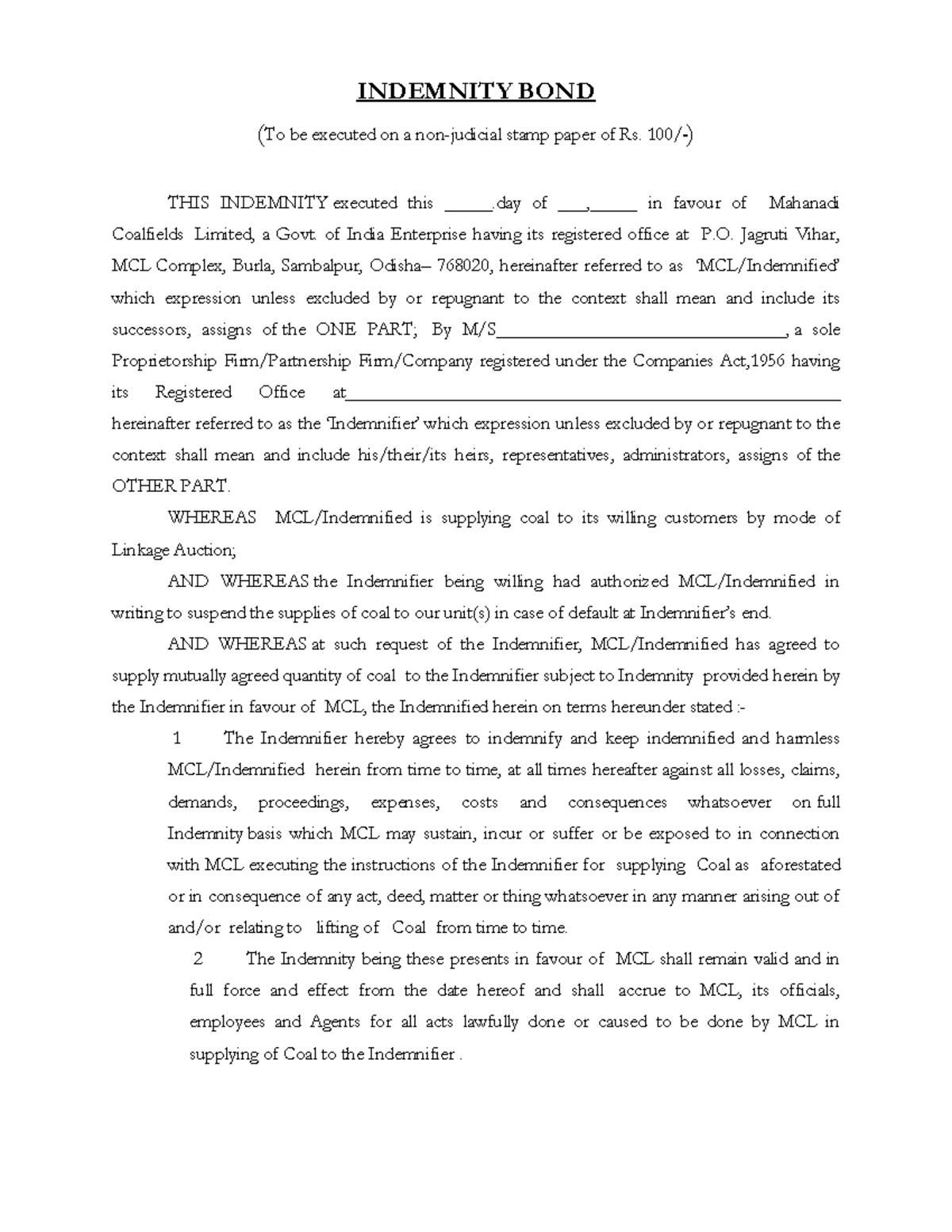Format of Indemnity BOND - INDEMNITY BOND (To be executed on a non ...