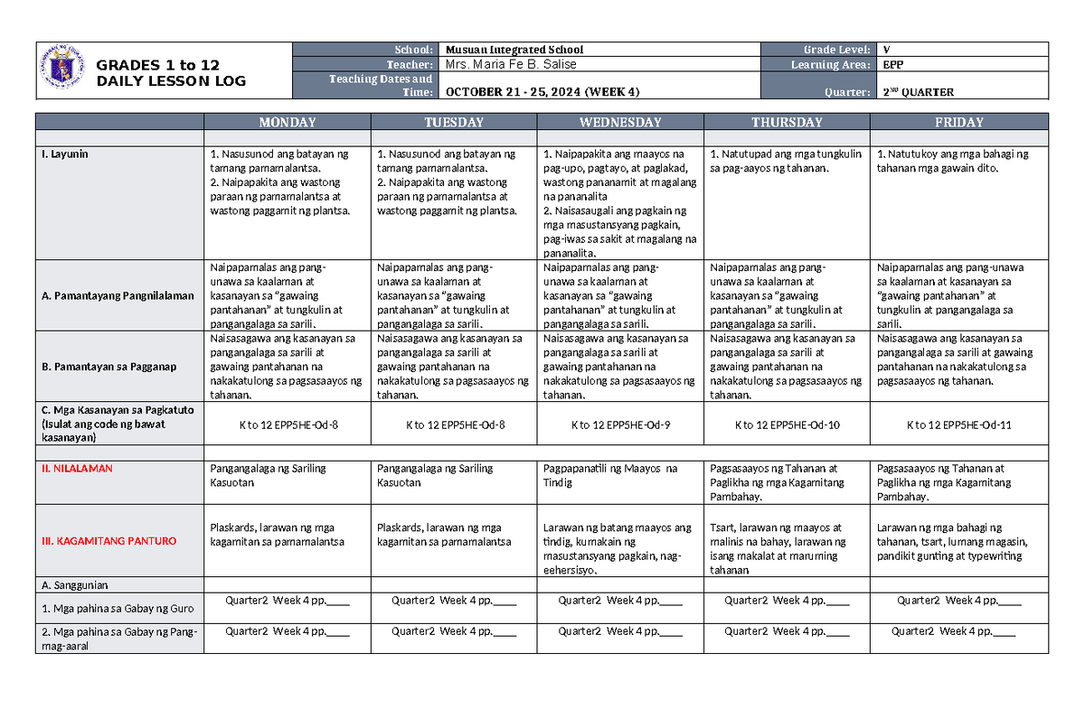 Elementary - Daily Lesson Log - GRADES 1 to 12 DAILY LESSON LOG School ...