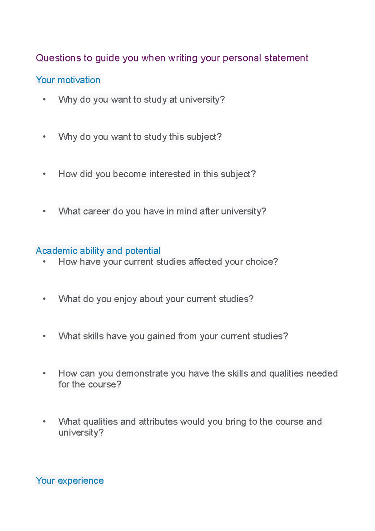 Personal structure structure - Questions to guide you when writing your ...