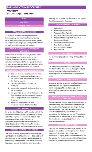 Finals - Notes for Parliamentary Procedure/ MOTIONS - PARLIAMENTARY ...
