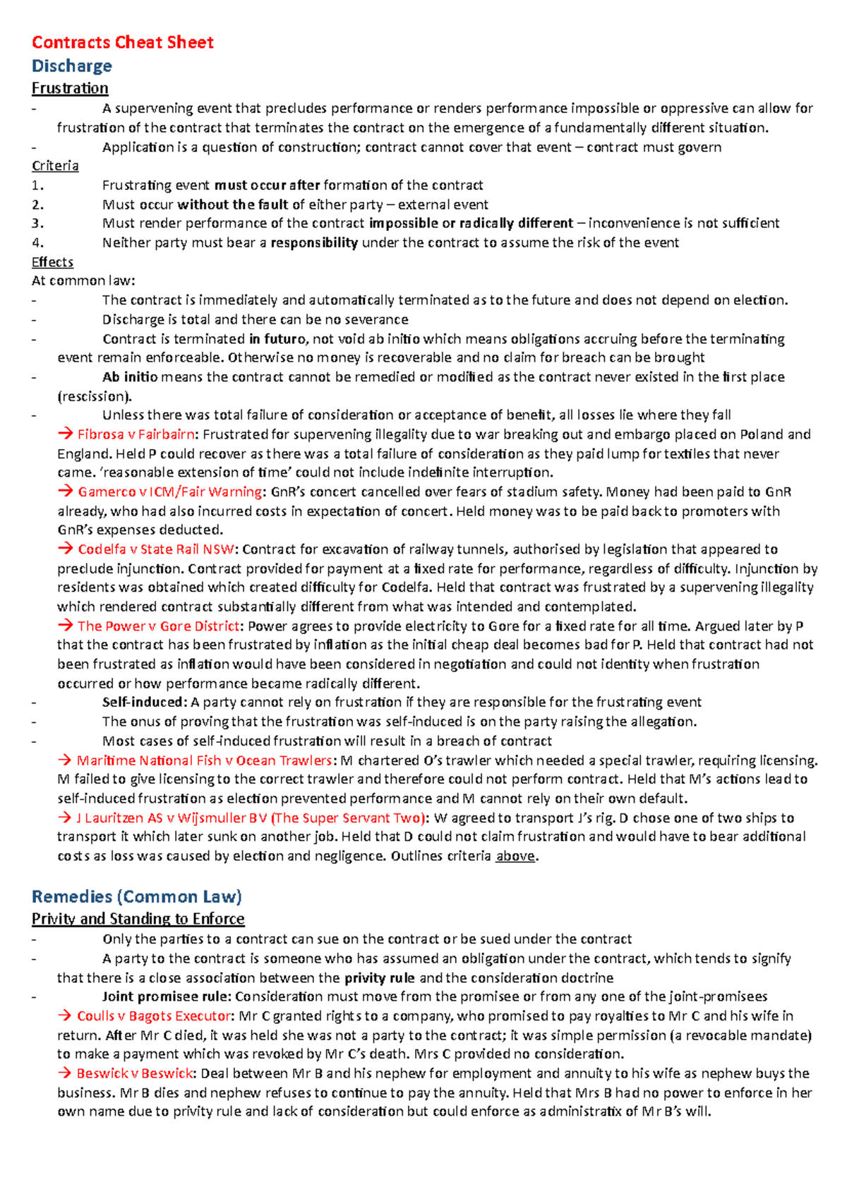 Contracts II Notes - Contracts Cheat Sheet Discharge Frustration - A ...