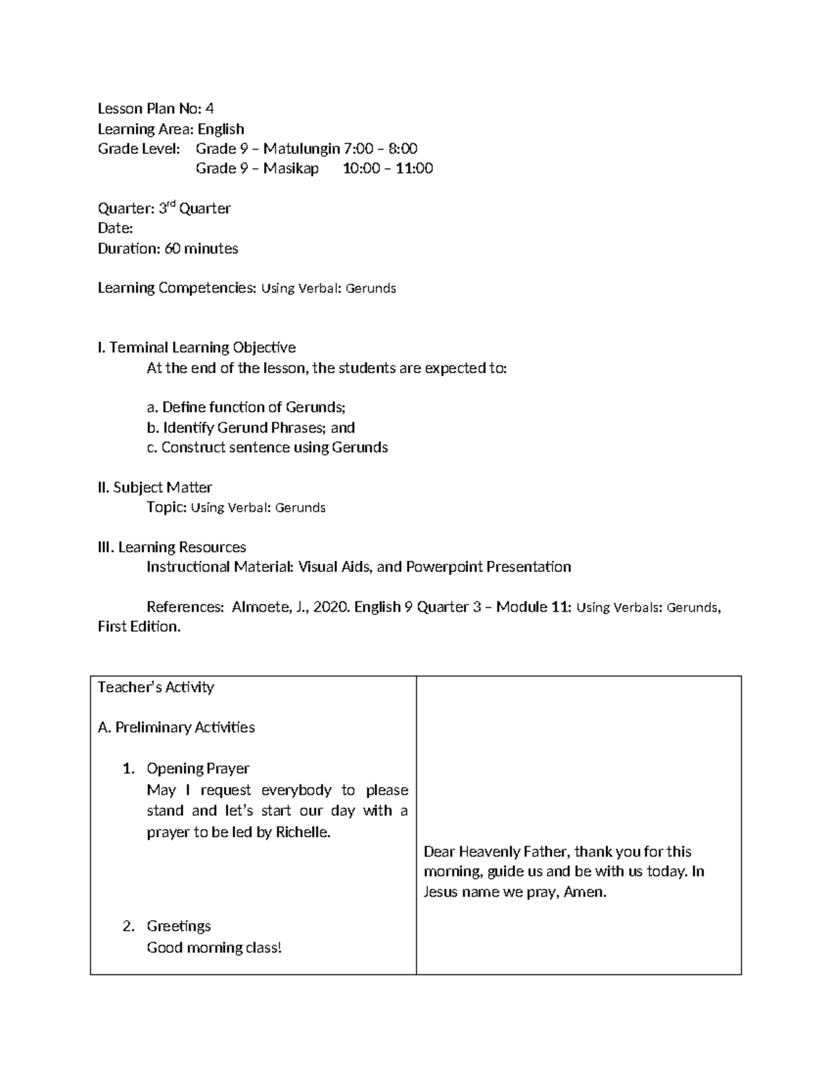 English M11 091554 - Lesson Plan No: 4 Learning Area: English Grade ...