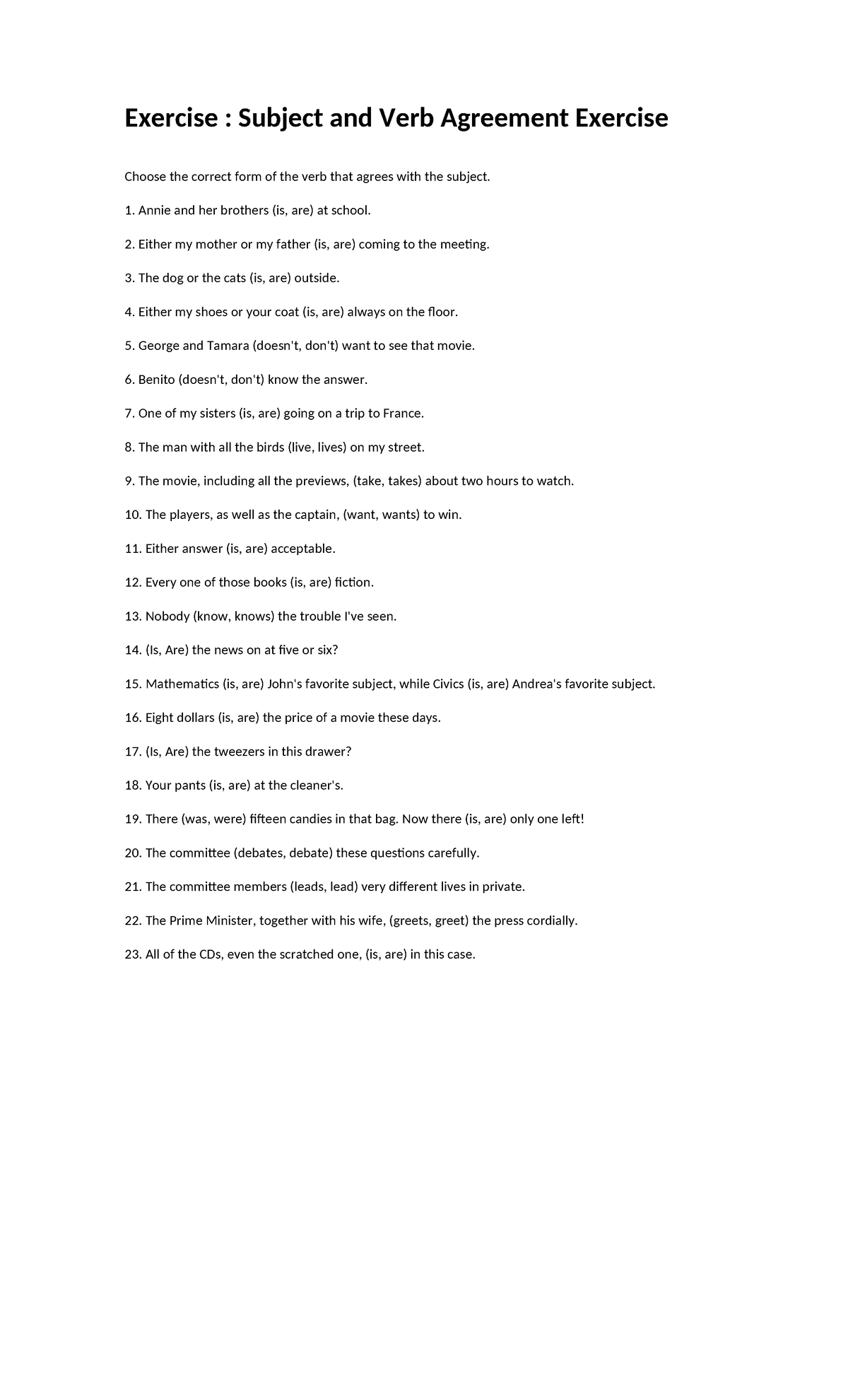 Exercise SVA - Exercise : Subject and Verb Agreement Exercise Choose ...