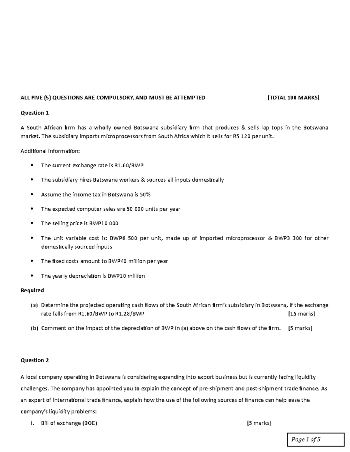 IFM Supp Exam JJ2019 financial management - ALL FIVE (5) QUESTIONS ARE ...