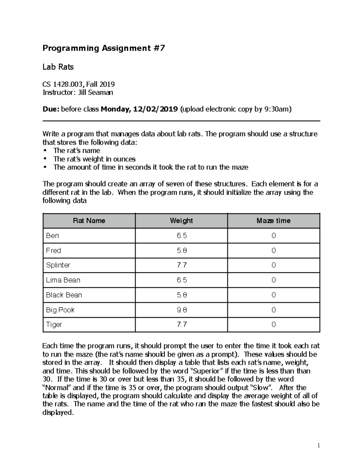 Assign 7 - Programming Assignment Lab Rats CS 1428, Fall 2019 Instructor: Jill Seaman Due ...