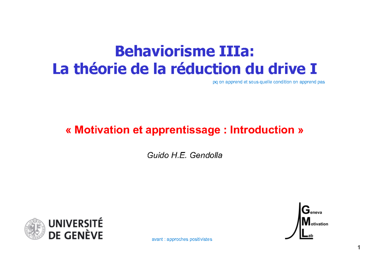 9. behaviorisme - Notes de cours - 1 Behaviorisme IIIa: La théorie de ...