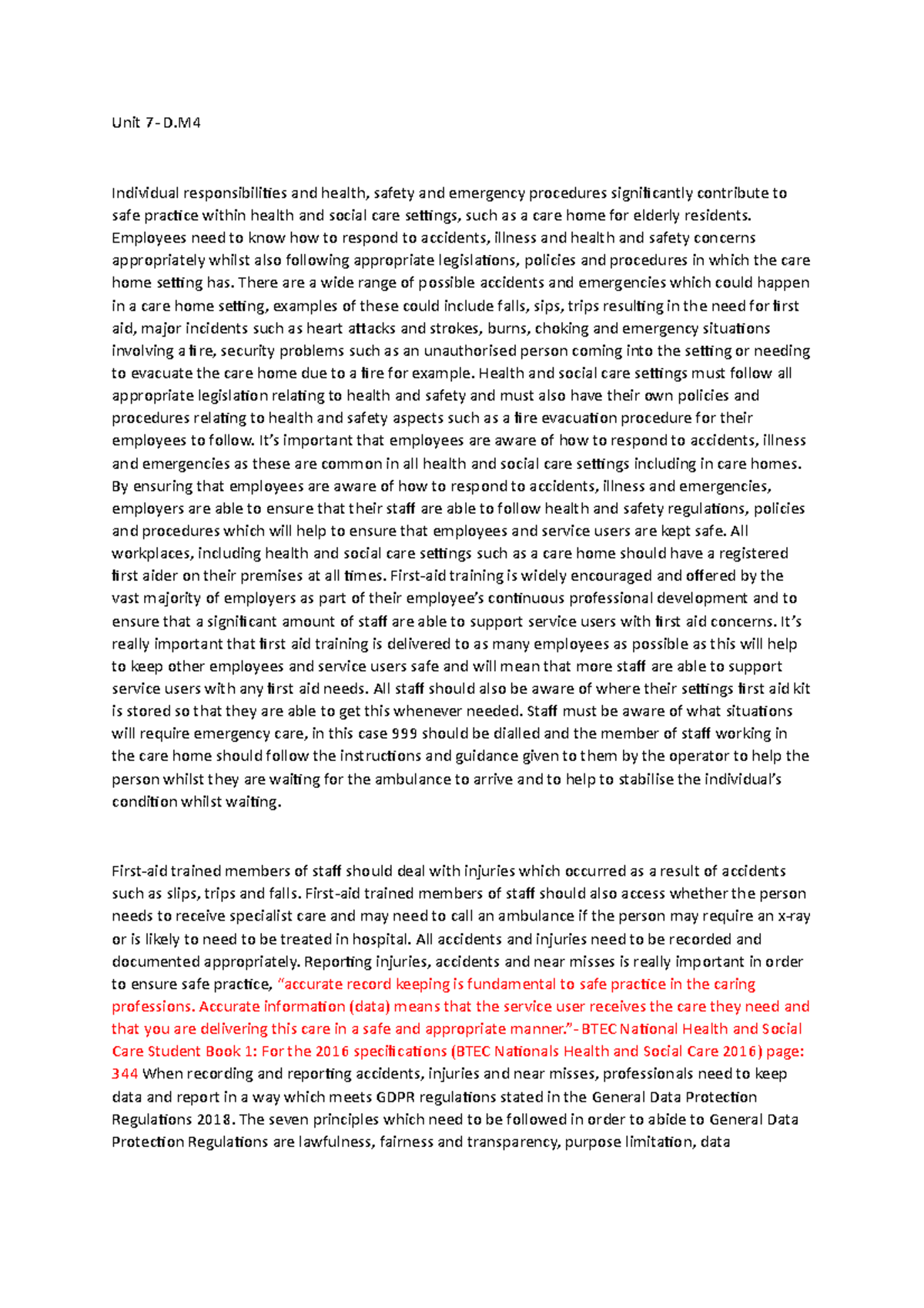 Unit 7 D - An overview of safe practice - Unit 7- D Individual ...