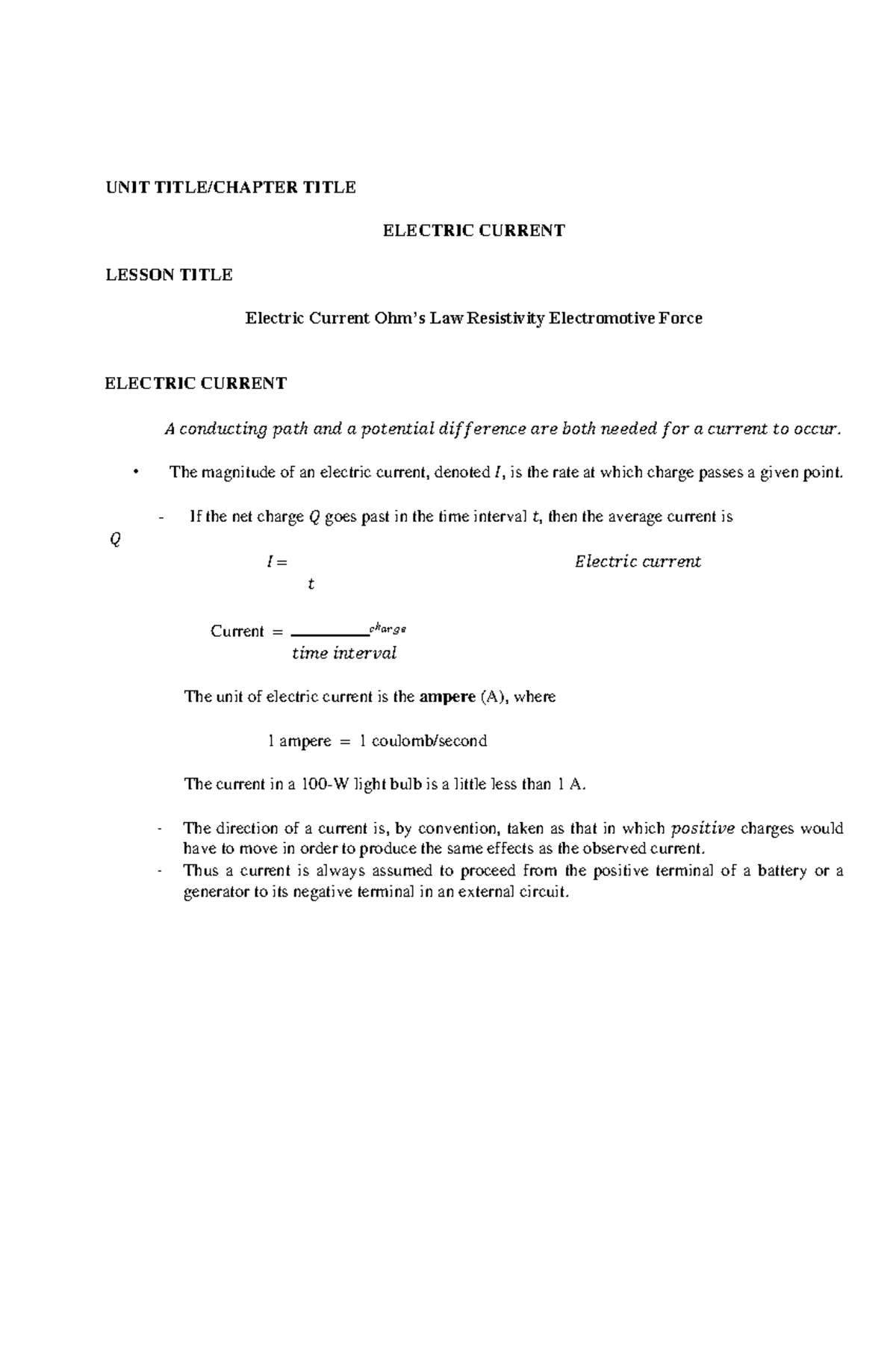 Electric Current - Electric Current , Ohm’s Law , Resistivity , and ...