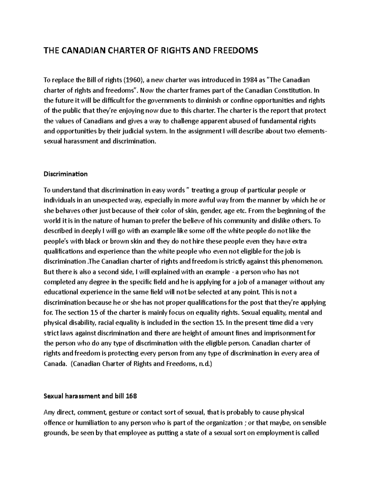 Law assignment 3 - Brad Lacey - THE CANADIAN CHARTER OF RIGHTS AND ...