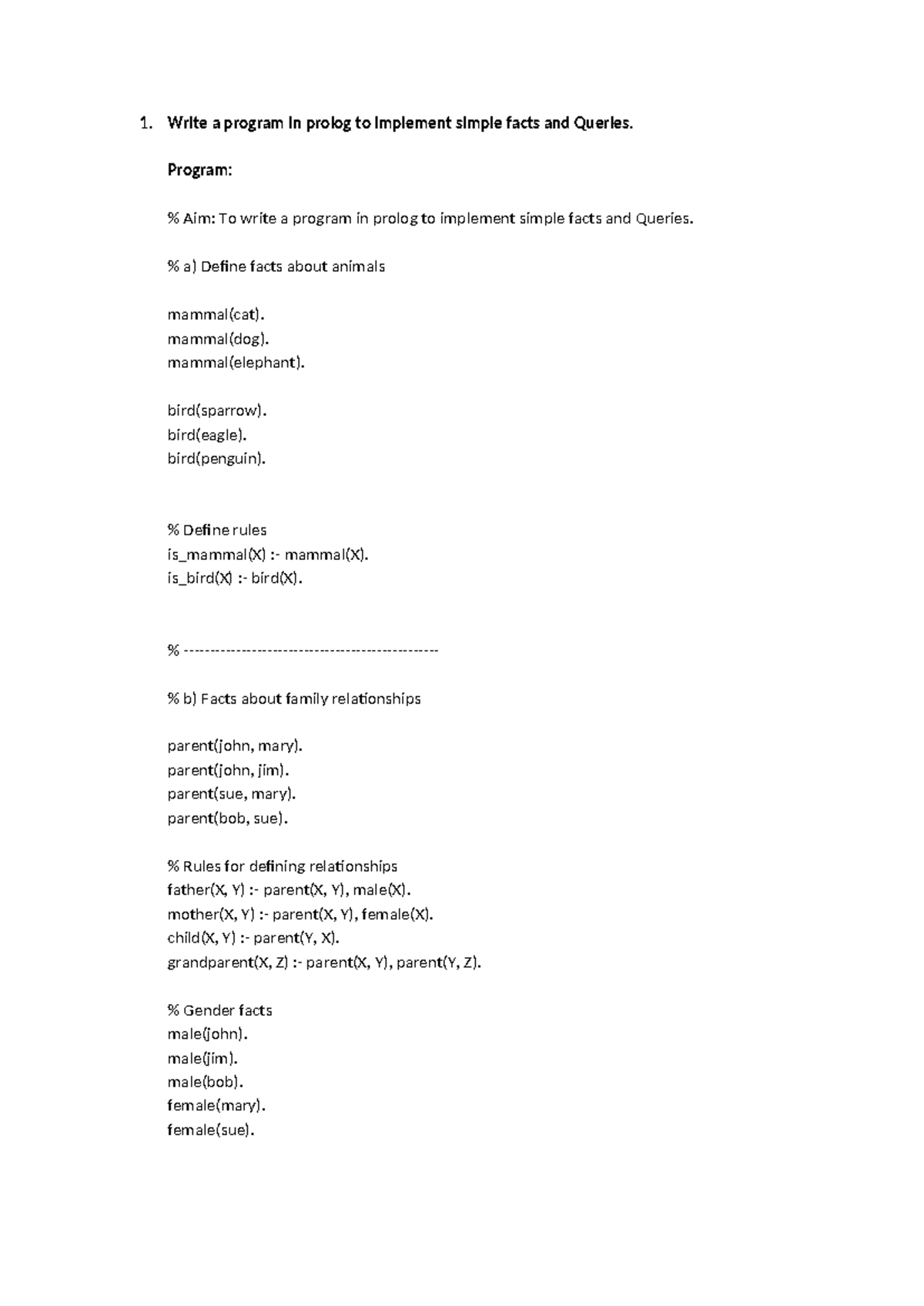 AI Lab Programs - Write a program in prolog to implement simple facts and Queries. Program ...