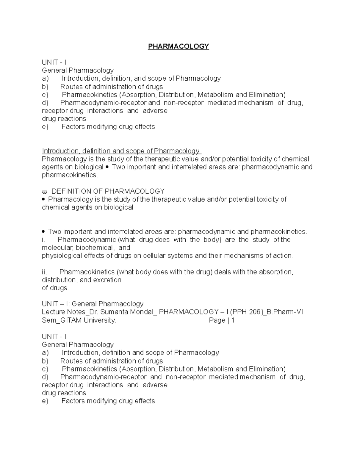 Pharmacology - Lecture notes 1 - PHA113 - Sunderland - Studocu