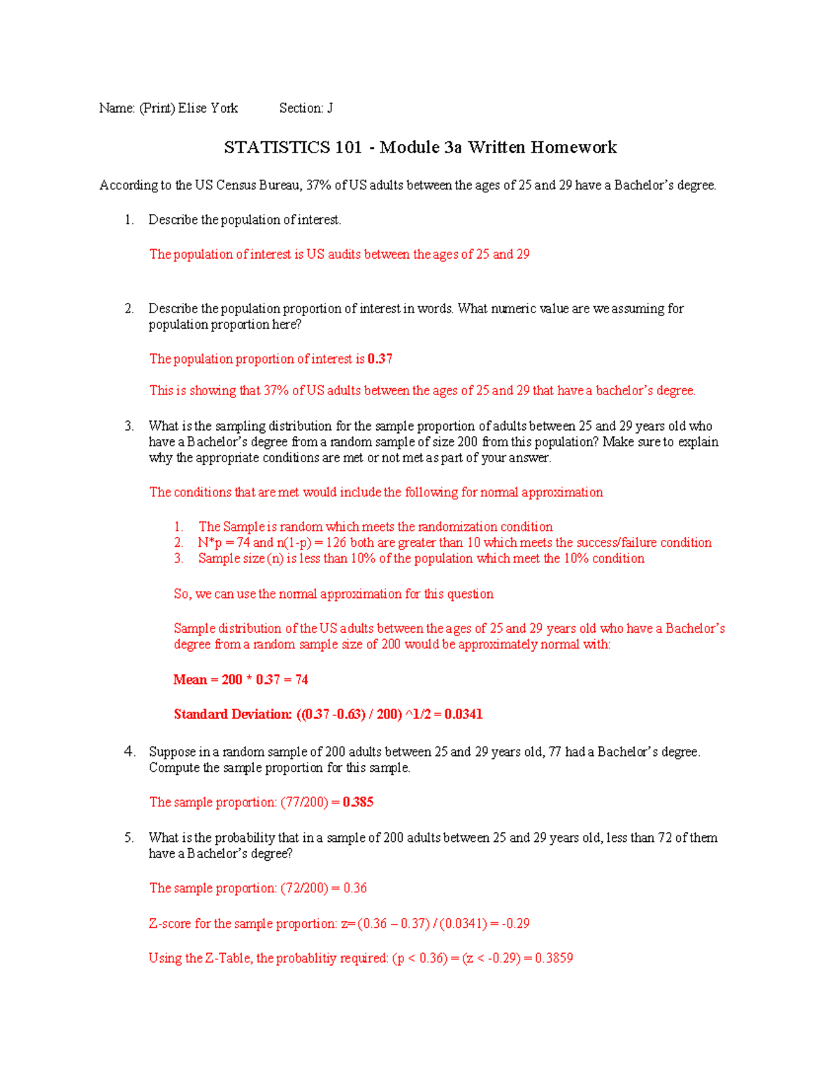 3a Written Homework Name Print Elise York Section J Statistics