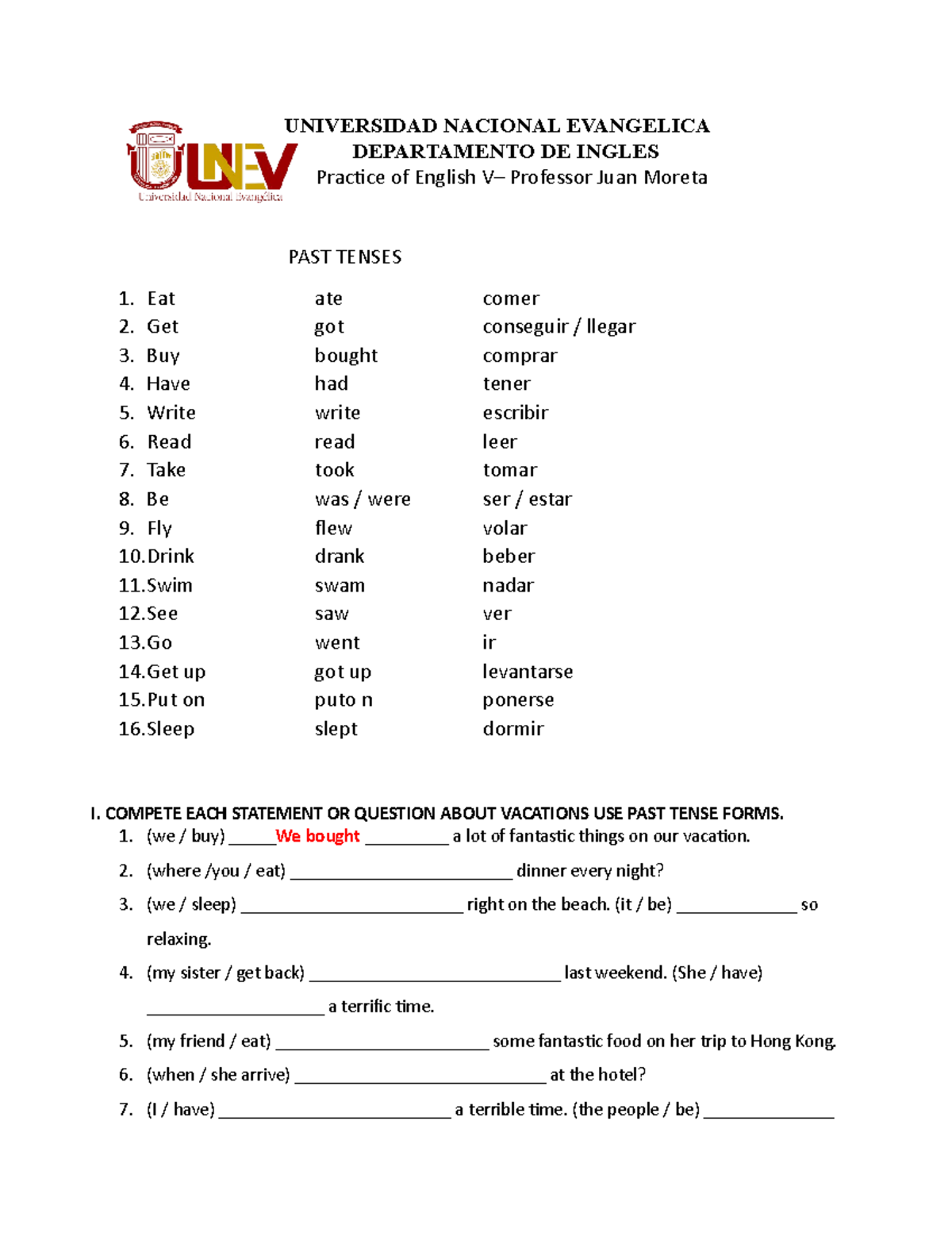 PAST Tense AND Exercises V 29 Junio - UNIVERSIDAD NACIONAL EVANGELICA ...