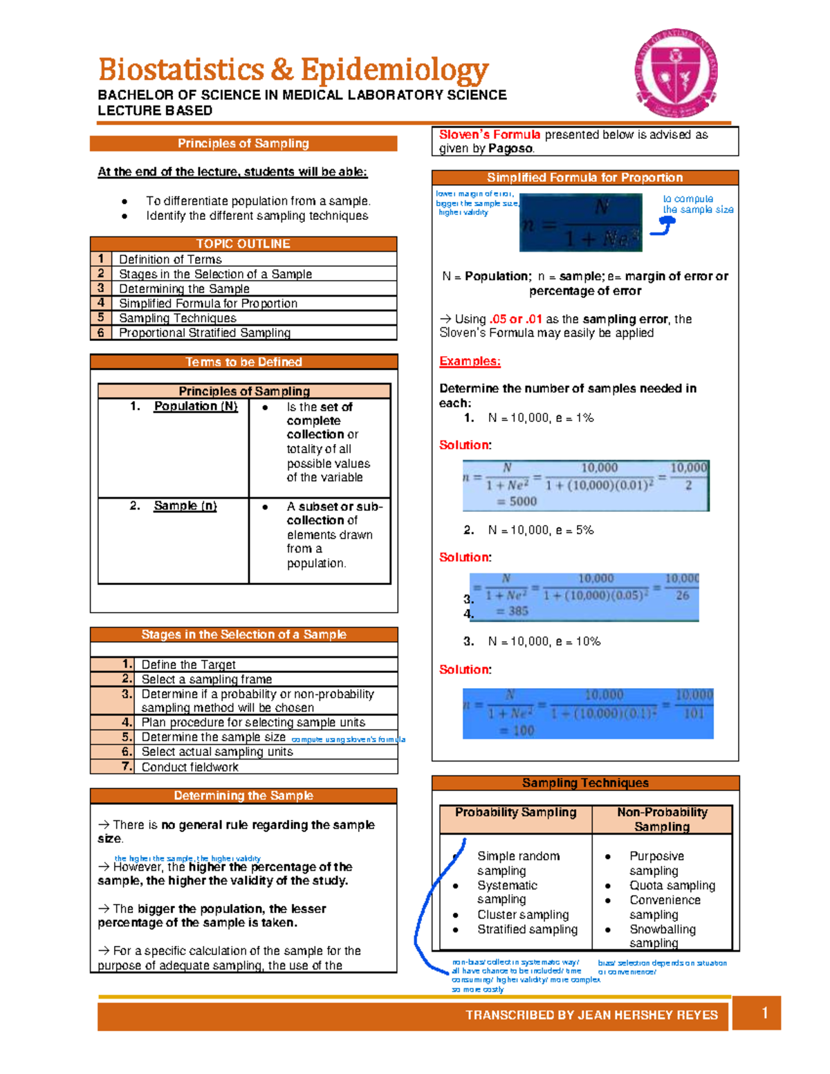 Lesson 2 Principles of Sampling - Biostatistics & Epidemiology BACHELOR ...