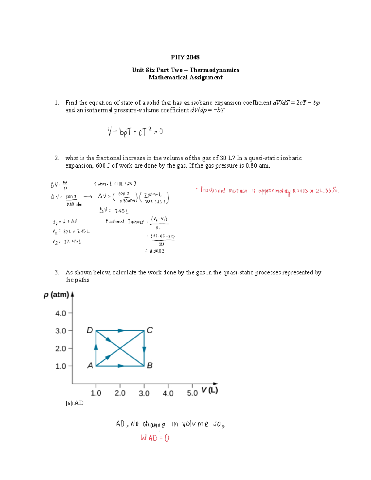 Unit 6 Part 2 assignment - PHY 2048 Unit Six Part Two – Thermodynamics Mathematical Assignment ...