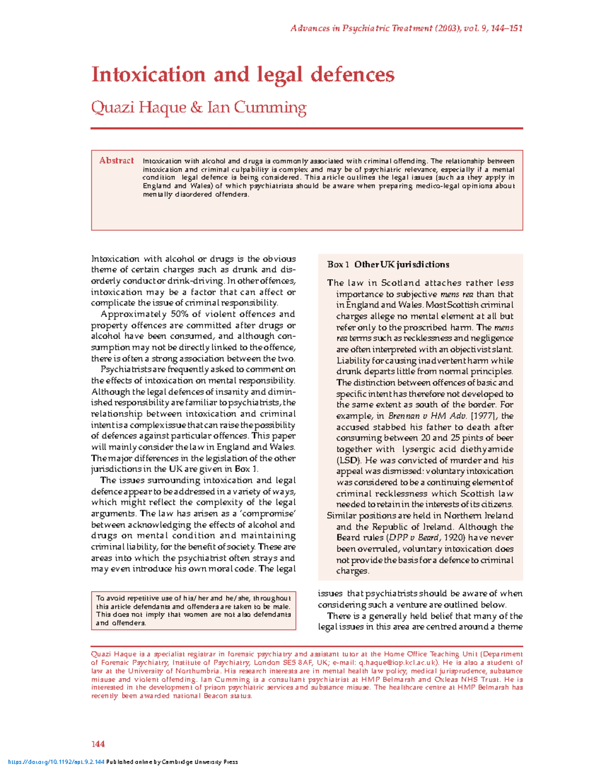 Intoxication and legal defences - 144 Advances in Psychiatric Treatment ...