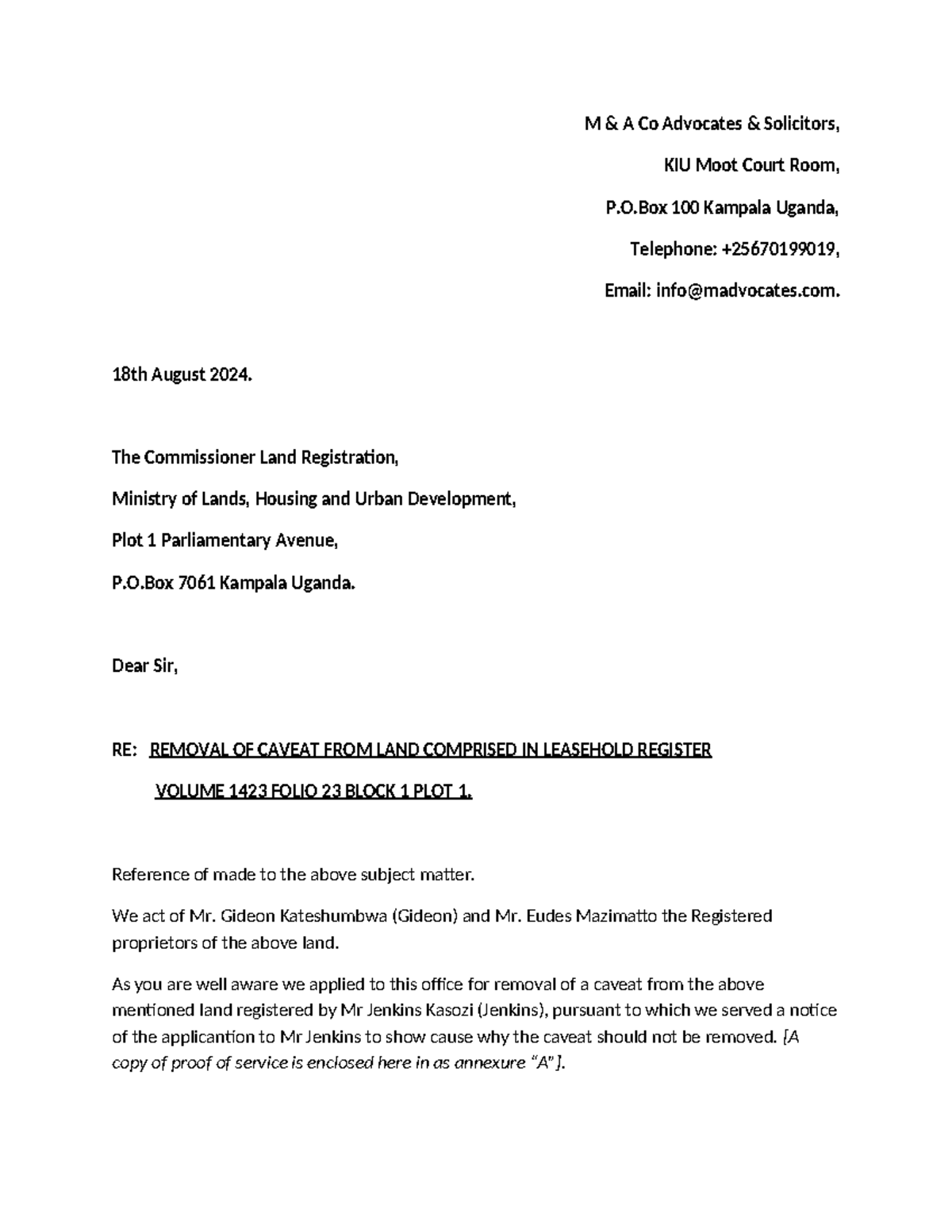 Letter After Notice For Removal of Caveat - M & A Co Advocates ...