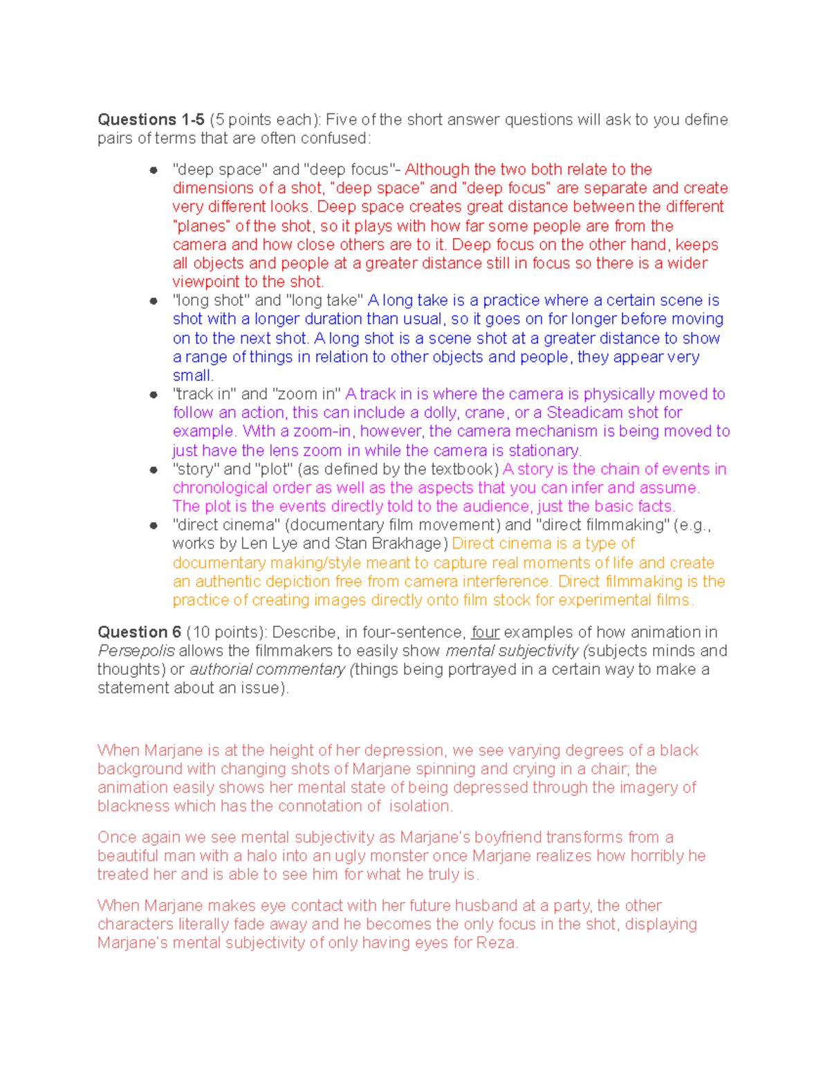 Finals Study Guide - Questions 1-5 (5 points each): Five of the short answer questions will ask ...