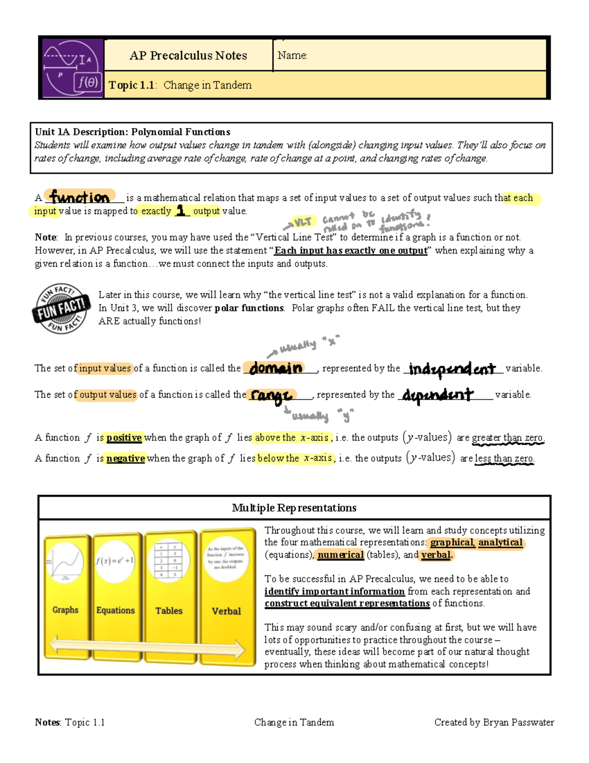 Notes 1.1 Change in Tandem Completed - AP Precalculus Notes Name: Topic ...