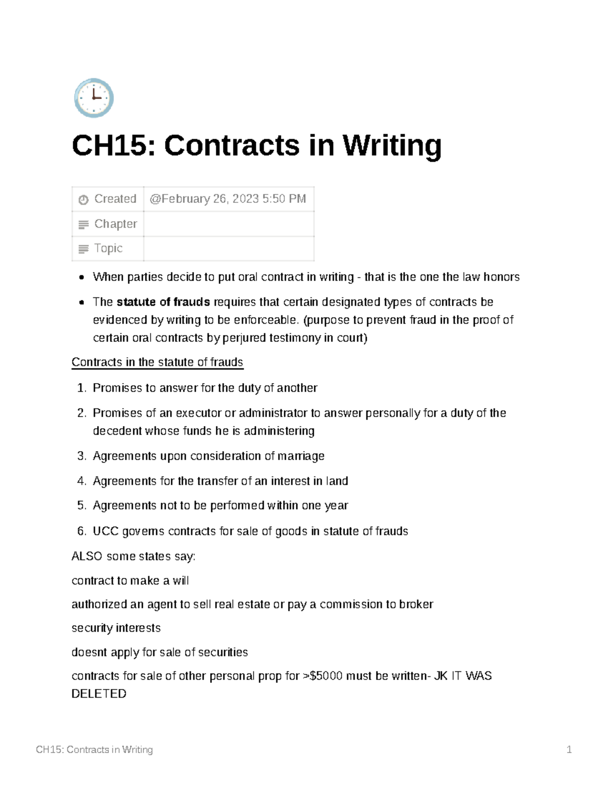 Ch15 - contracts in writing chapter in textbook reading notes - 4 CH15 ...