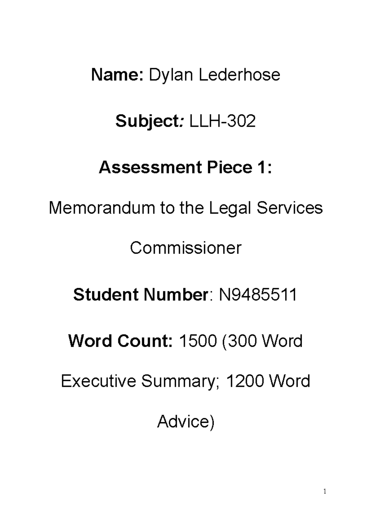 LLH302 2020 Template - LSC Memorandum (Assessment Task 1) - Name: Dylan ...