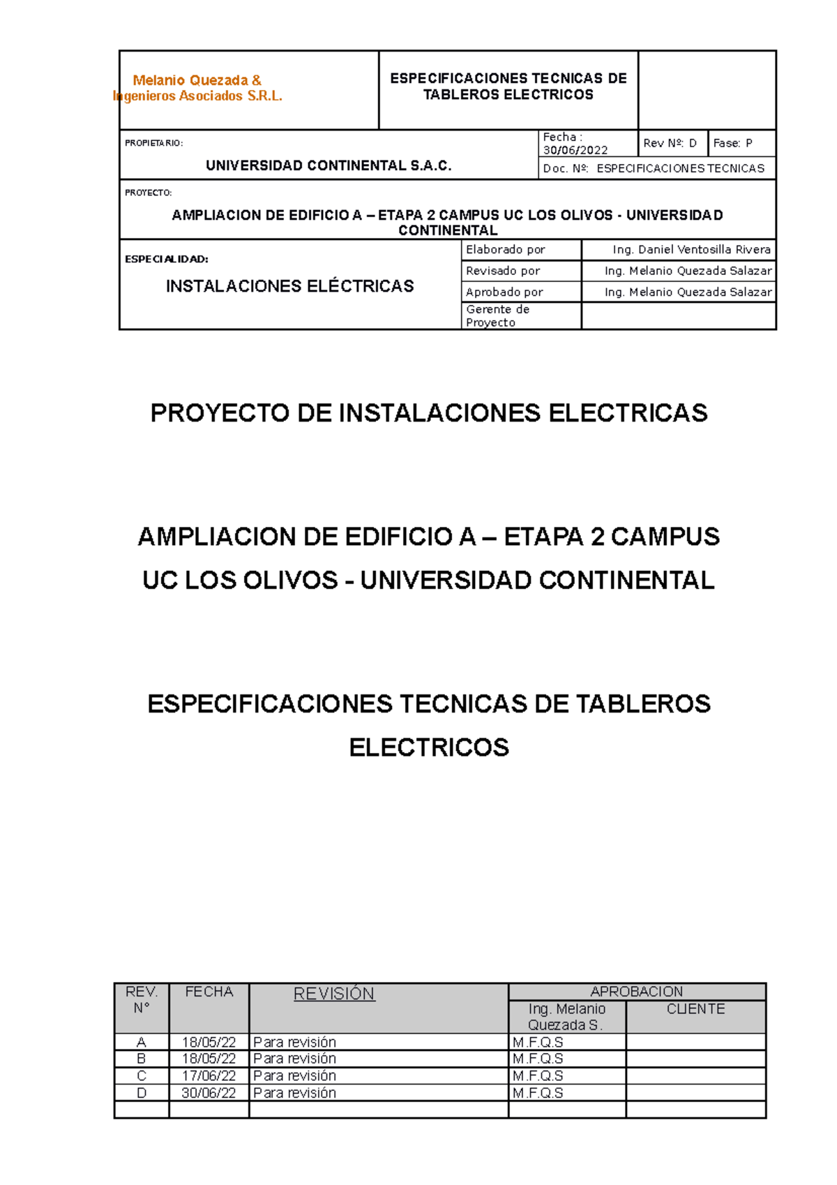 UC-LIMA-LOS Olivos-EETT-02 Tableros Electricos r D - ESPECIFICACIONES TECNICAS DE TABLEROS - Studocu