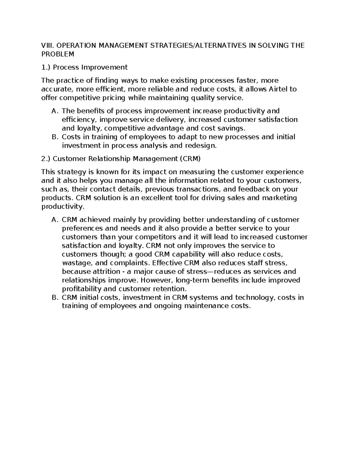 VIII - Assignment - VIII. OPERATION MANAGEMENT STRATEGIES/ALTERNATIVES ...