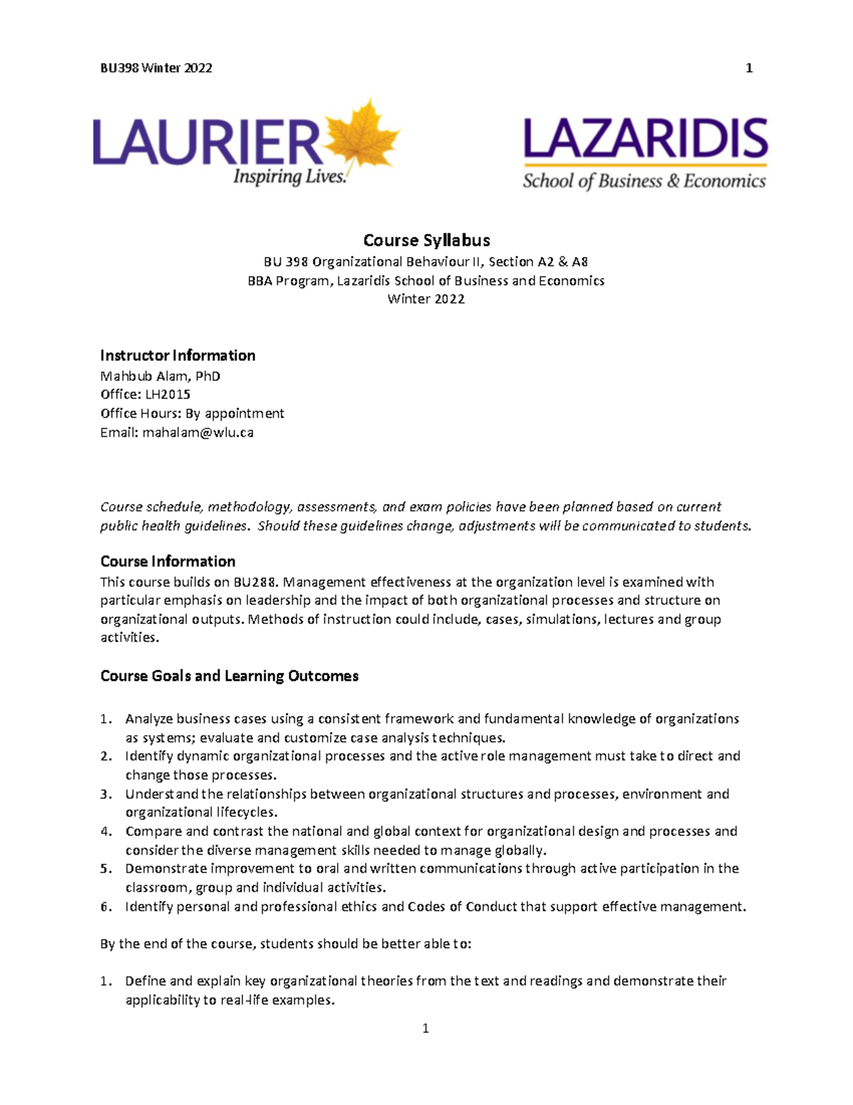 BU 398 Winter 2022 Course Outline - Course Syllabus BU 398 ...